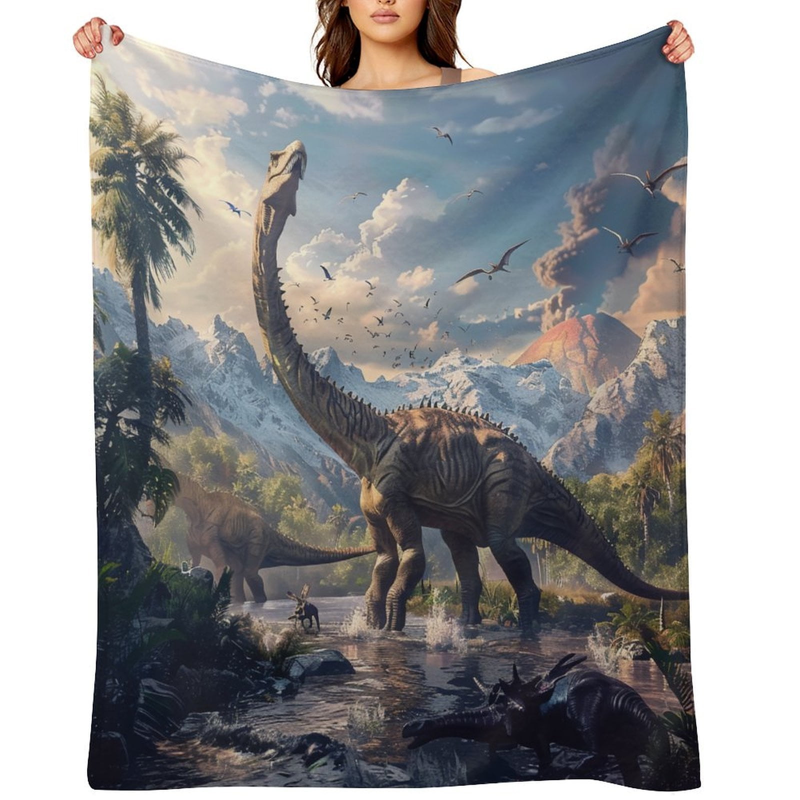 Dinosaurs in The Forest Beneath The Volcano Flannel Plush Soft Fluffy ...