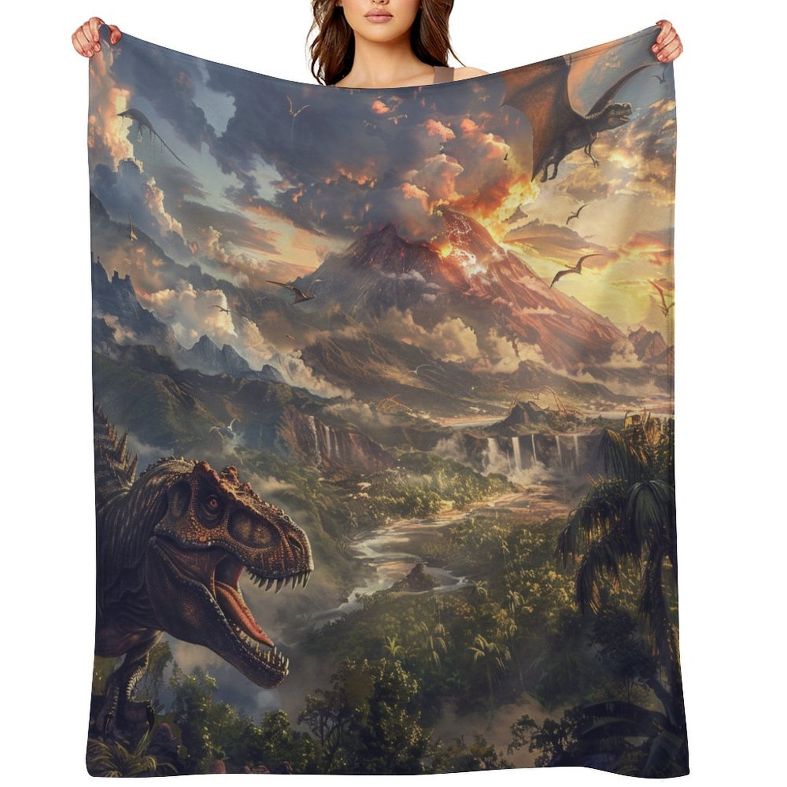 Dinosaurs in The Forest Beneath The Volcano Warm Flannel Blanket Soft ...