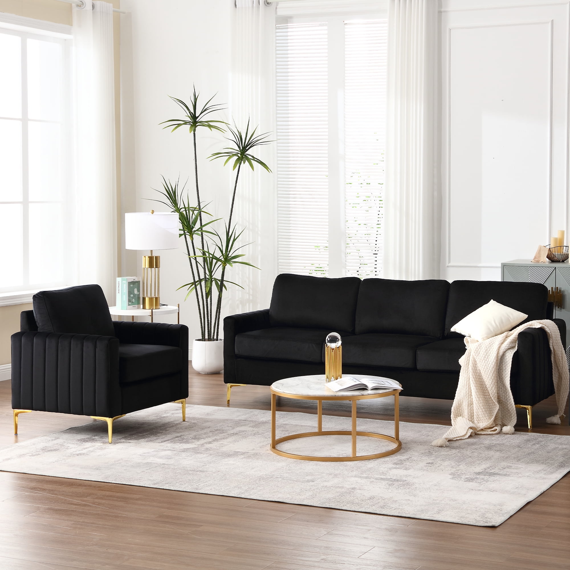 Dinosisco 2 Pieces Velvet Living Room Sets, Accent Chair and 3-Seater ...