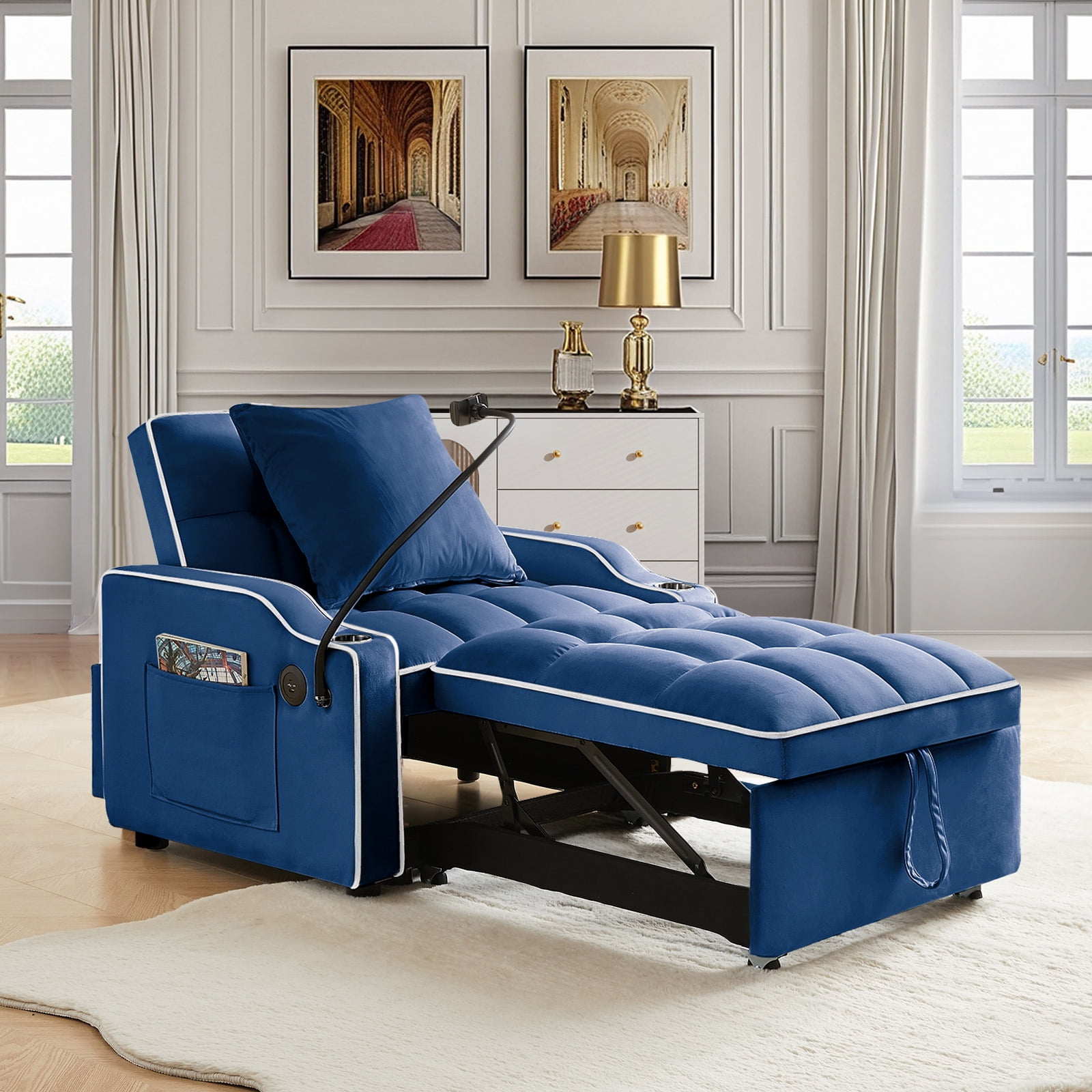 Lunale 4-in-1 Convertible Sleeper Chair Bed with Charge Ports & Phone ...