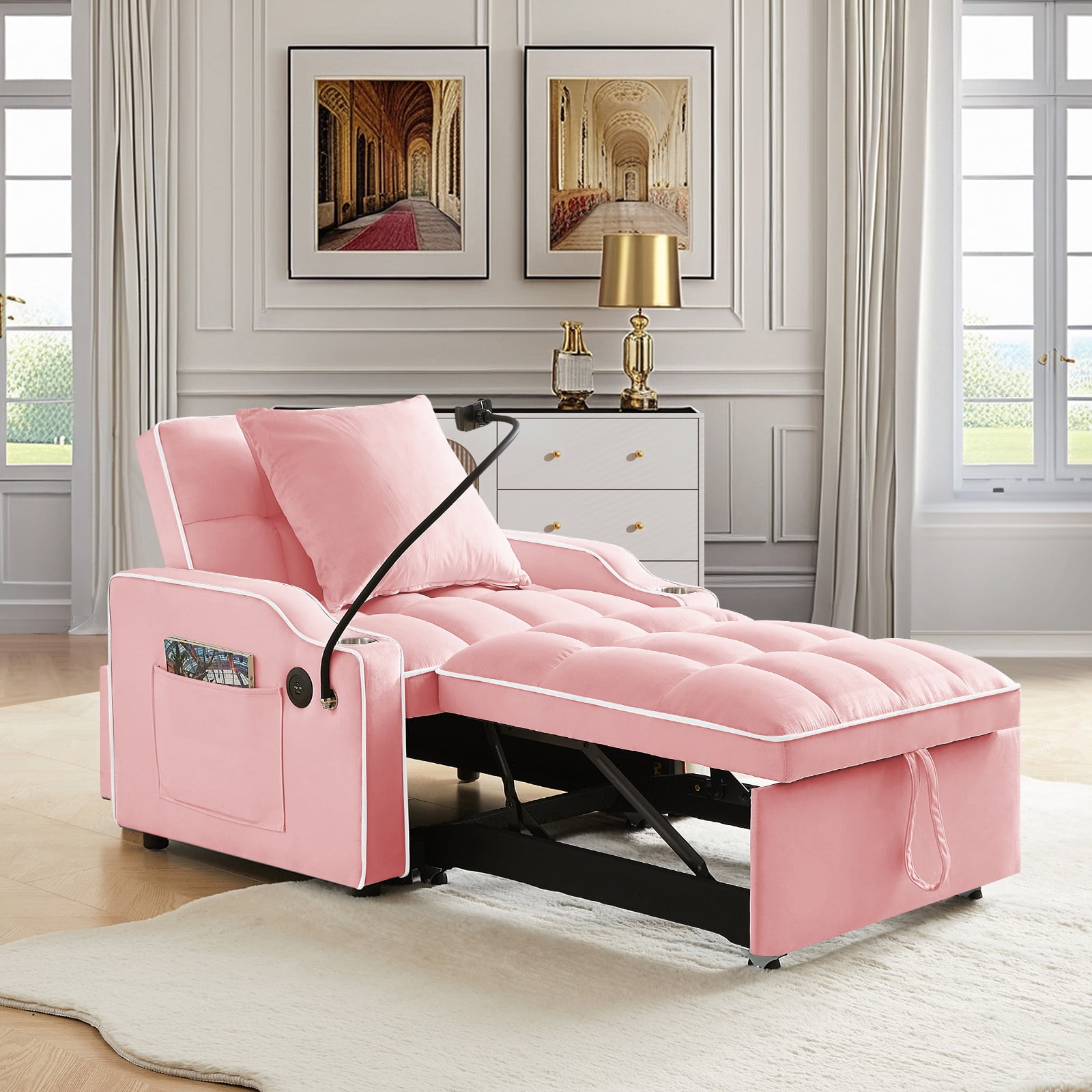 Lunale 4-in-1 Convertible Sleeper Chair Bed with Charge Ports & Phone ...