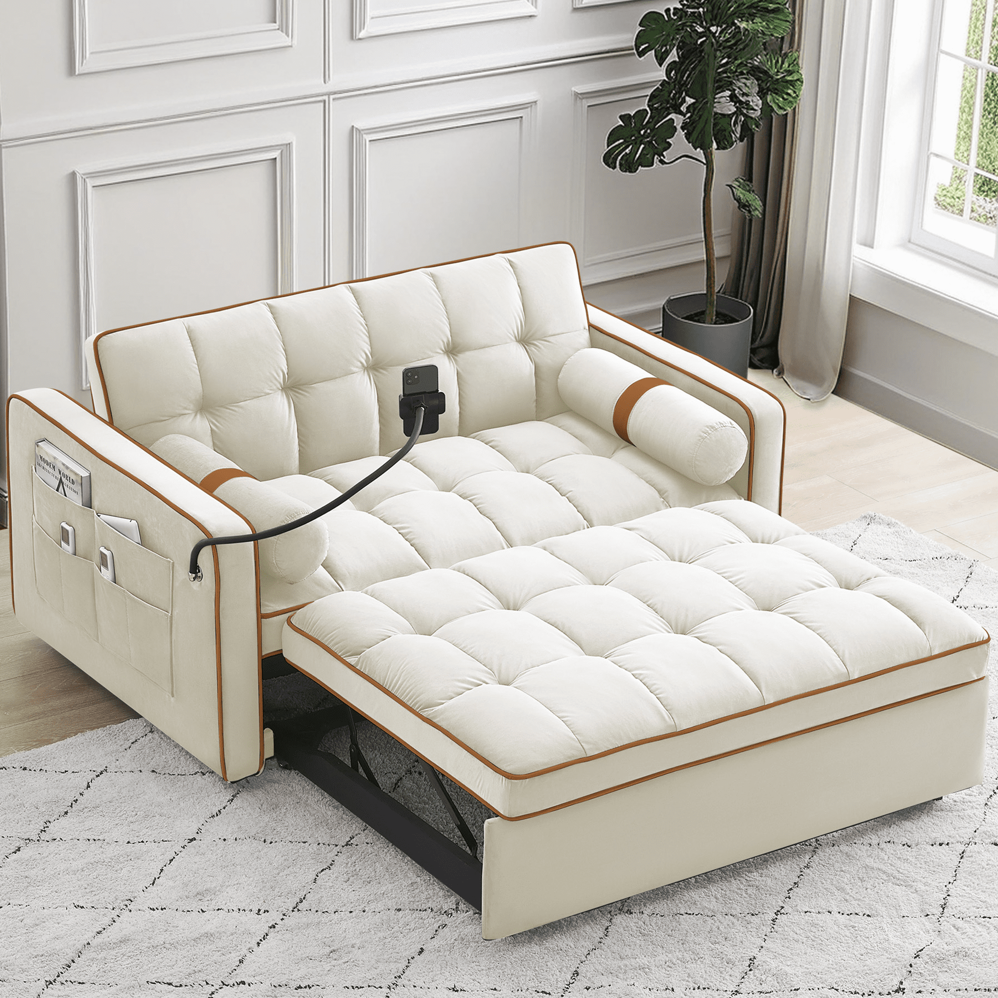 Lunale Convertible Pull Out Sofa Bed with Phone Stand, Tufted Loveseat ...