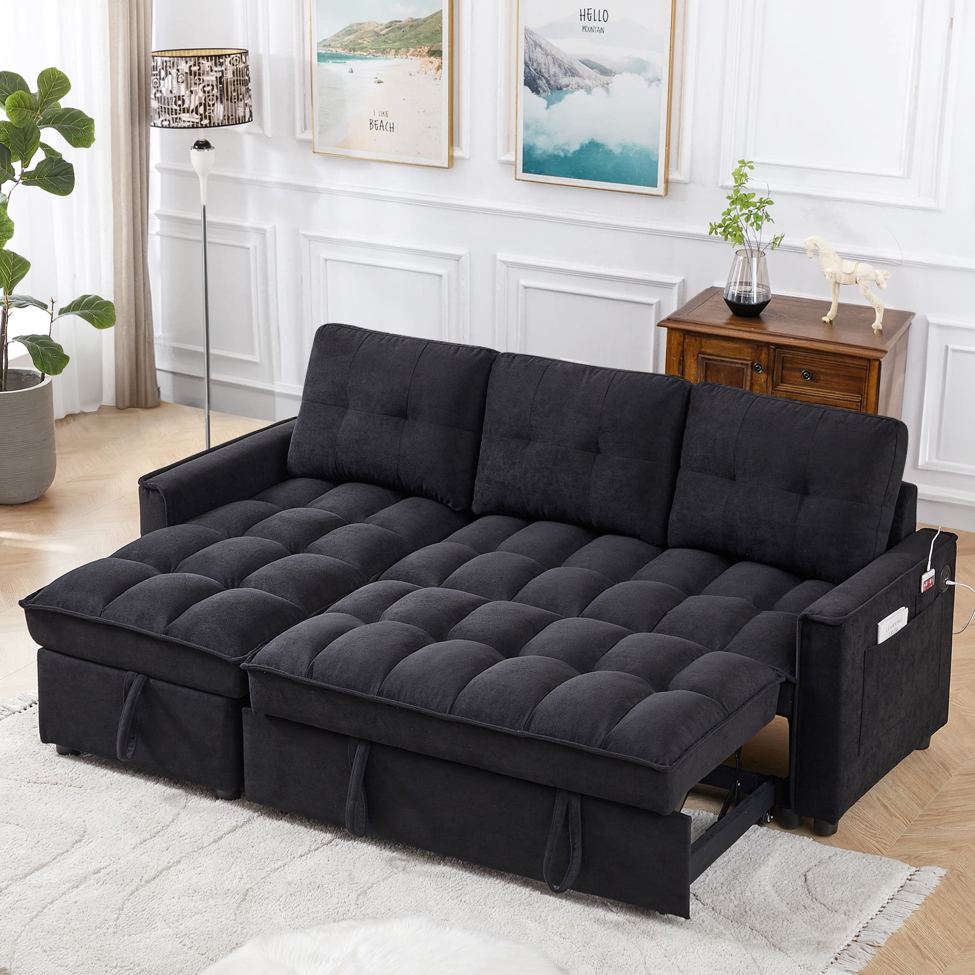 Dinosisco Convertible Sofa Bed with Reversible Storage Chaise, Sleeper ...