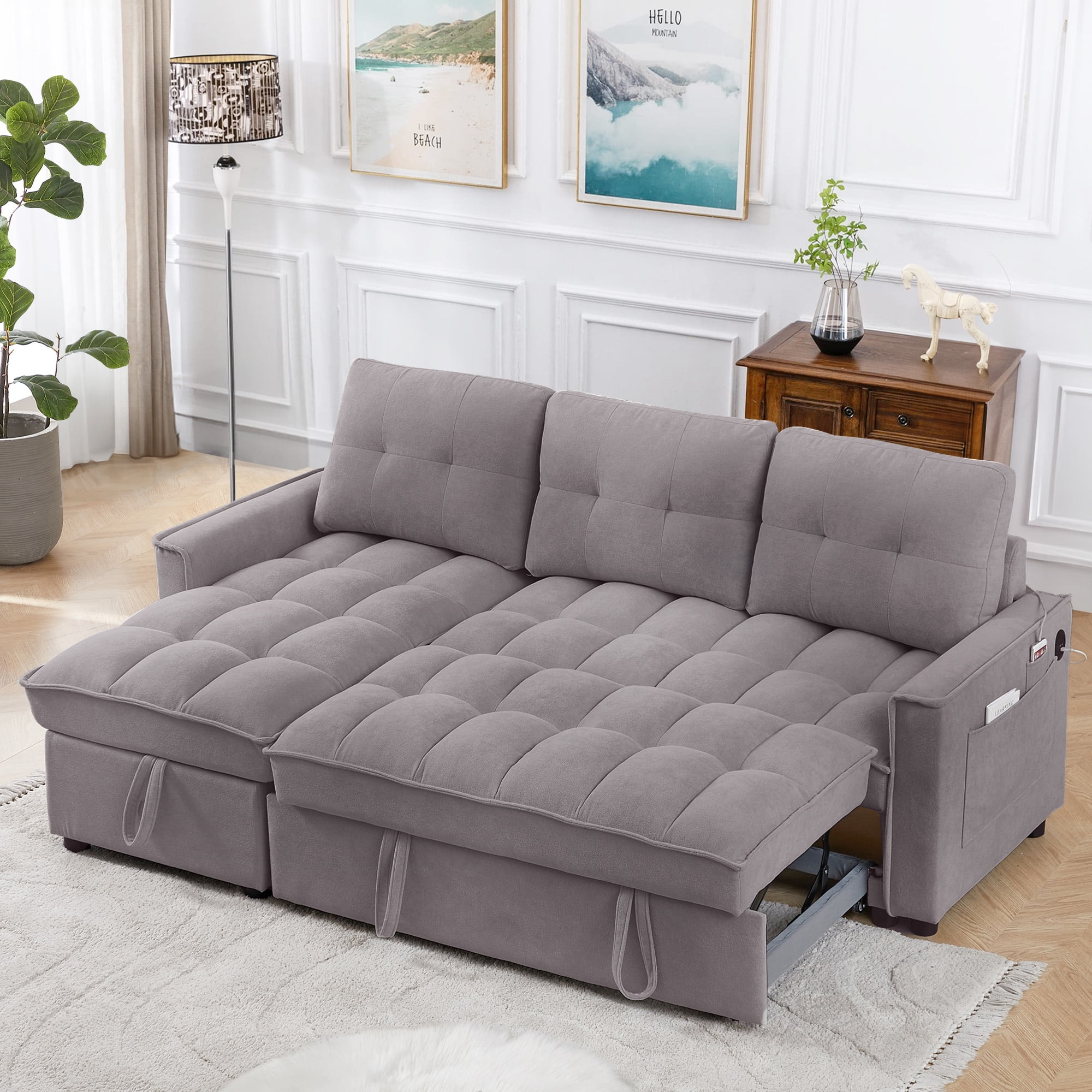 Dinosisco Convertible Sofa Bed with Reversible Storage Chaise, Sleeper ...
