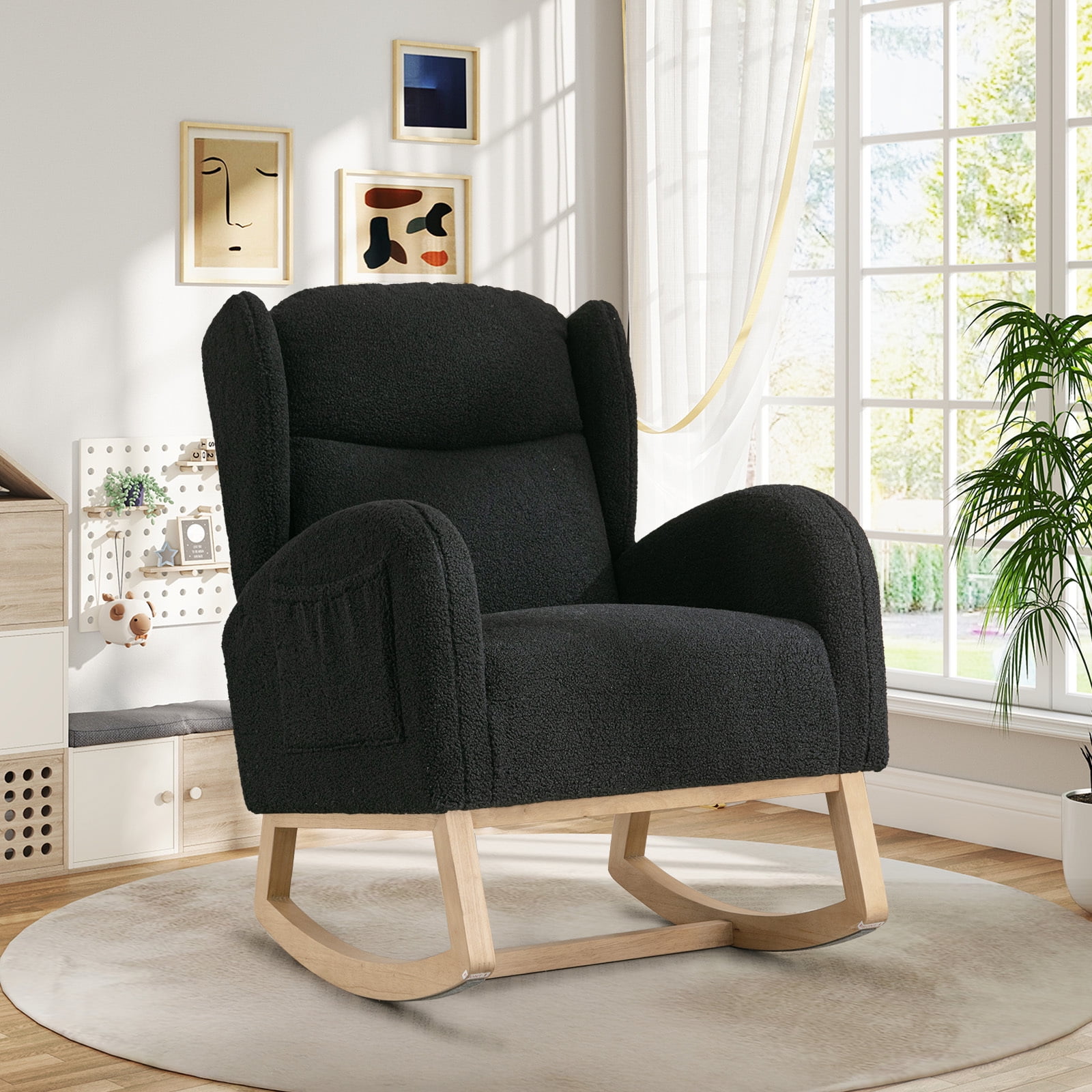 Lunale Indoor Rocking Chair, Upholstered Accent Rocker Chair with Wood ...