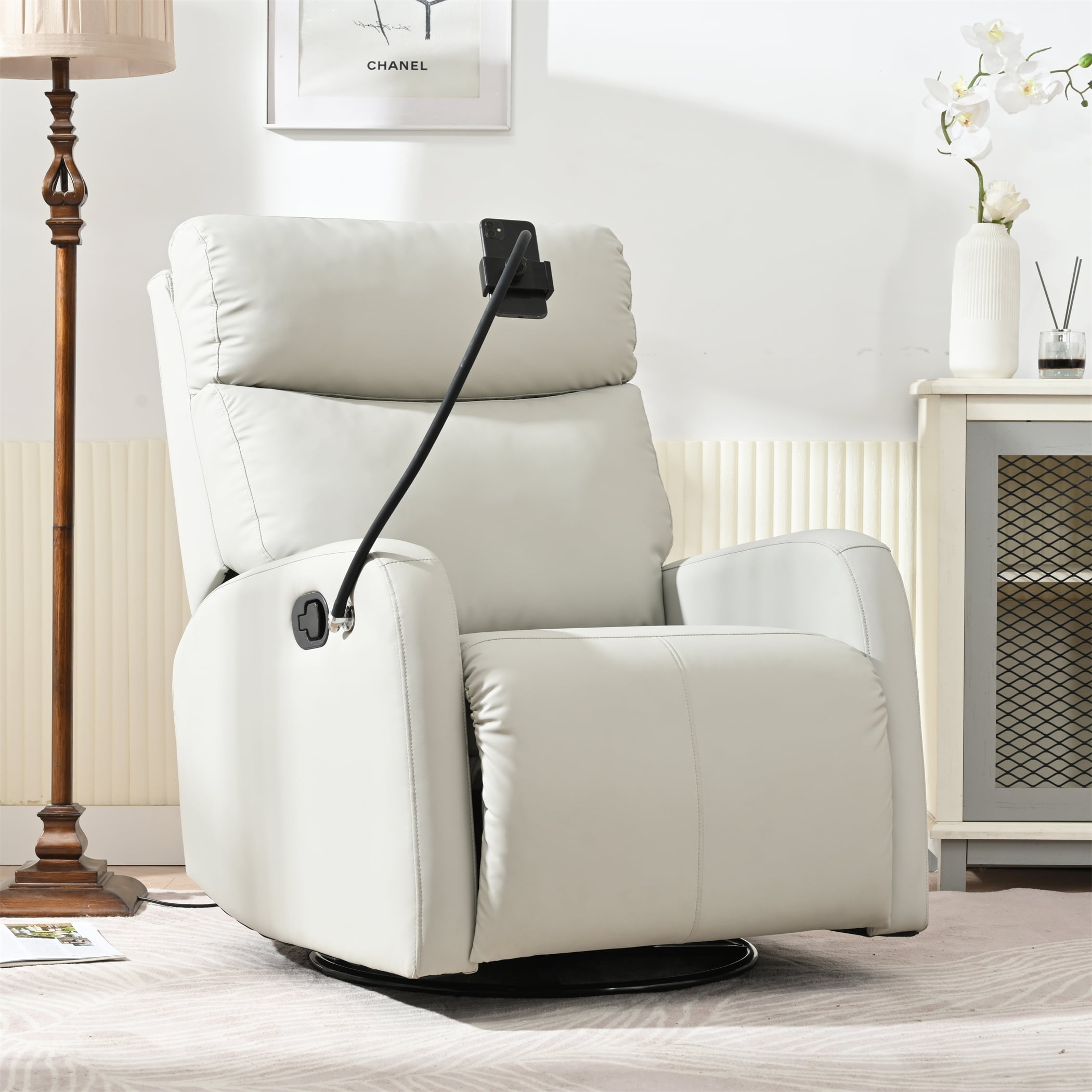 Dinosisco Swivel Recliner with Phone Holder, Faux Leather Glider Rocker ...
