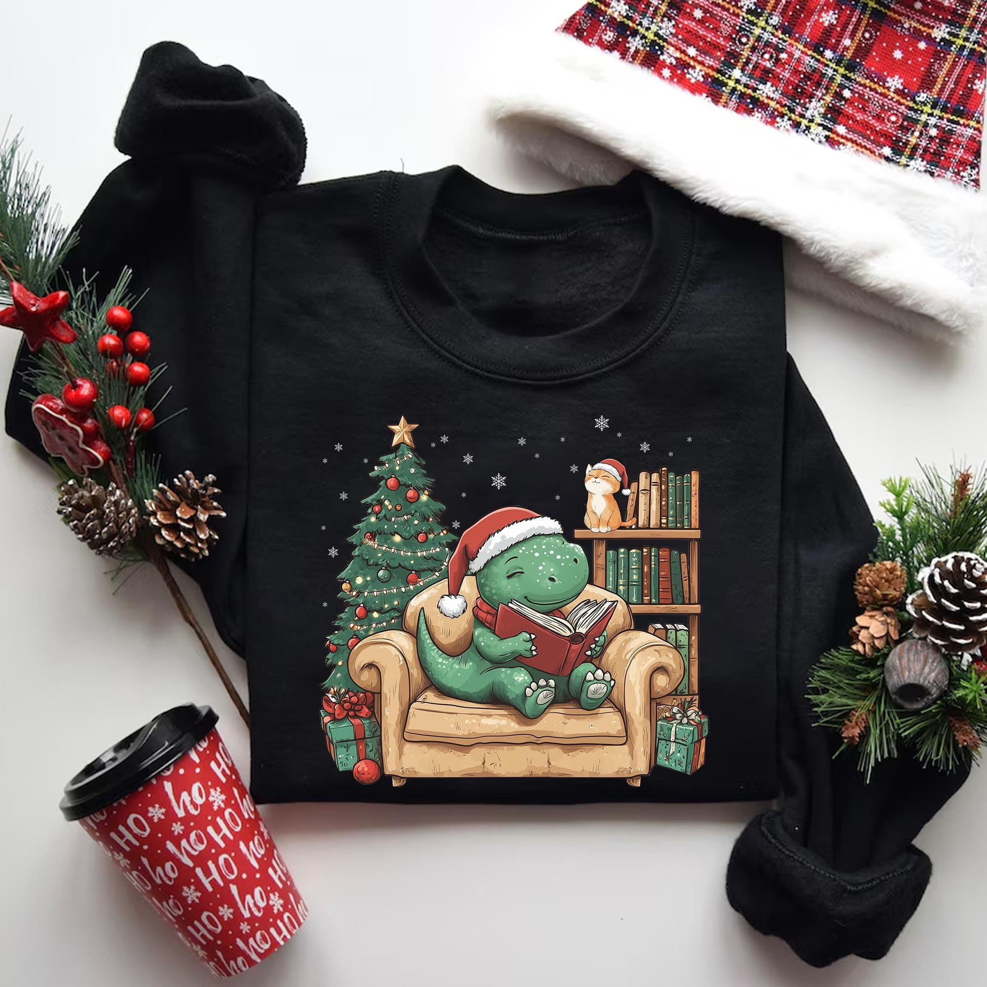 Dinousaur Reading Books Christmas, Bookish Christmas Shirt, Cute Dino ...