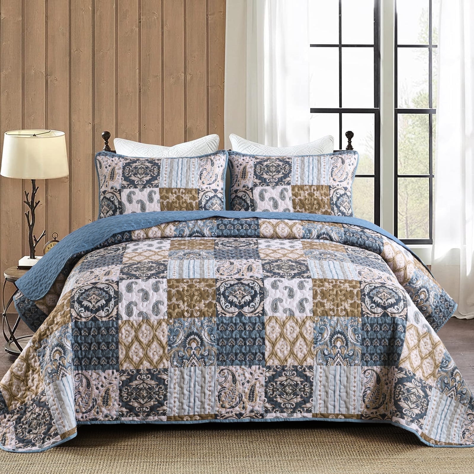 Dintszyayue 3pcs Bohemian Patchwork Quilt Set Queen Size,Blue Paisley ...
