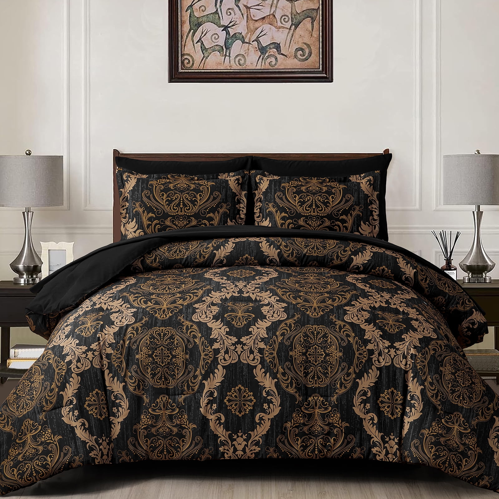 Dintszyayue Black 7Pcs Comforter Set King Size,Gold Damask Texture Bed ...