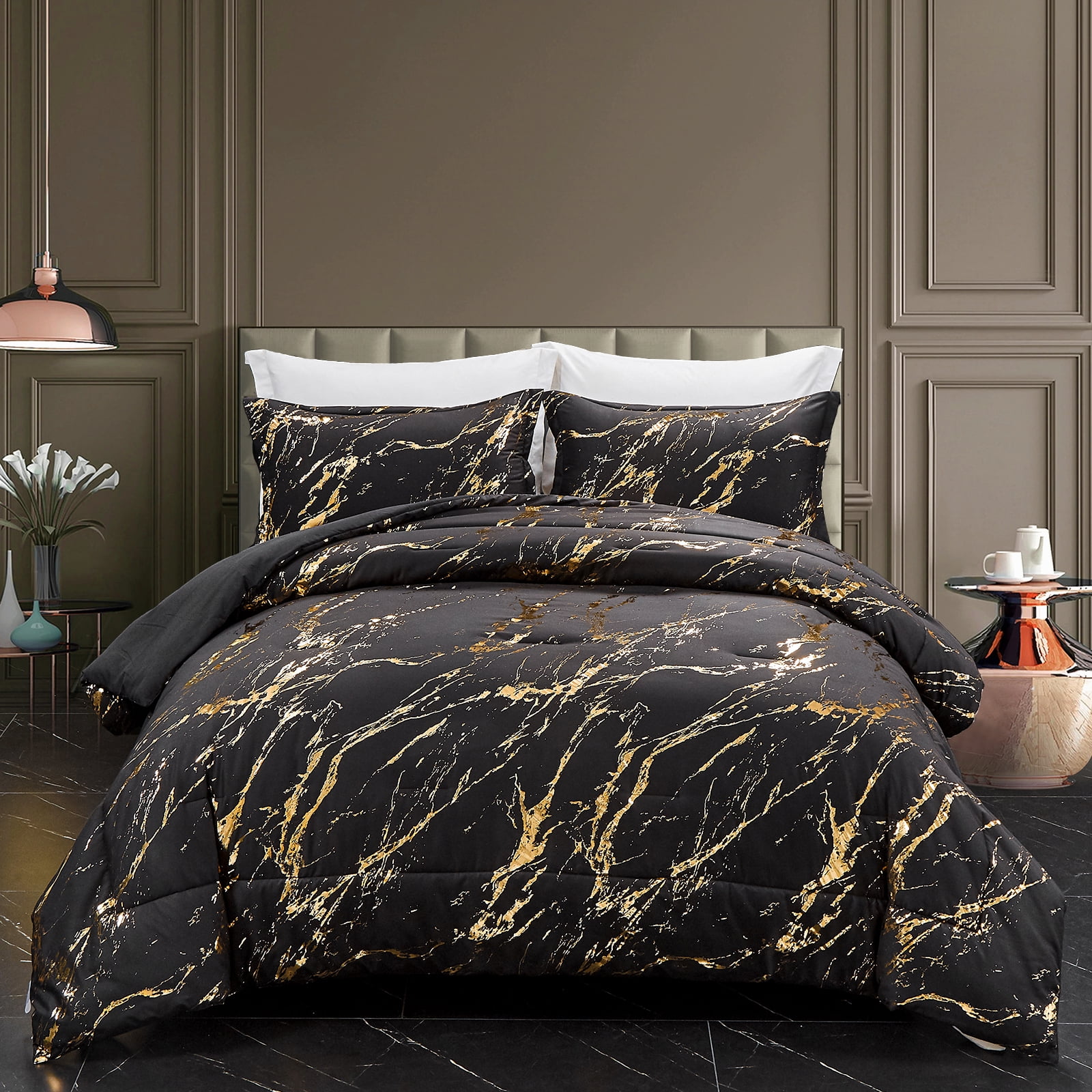 Dintszyayue Black Gold Metallic Marble Comforter Set Queen Size,Soft ...