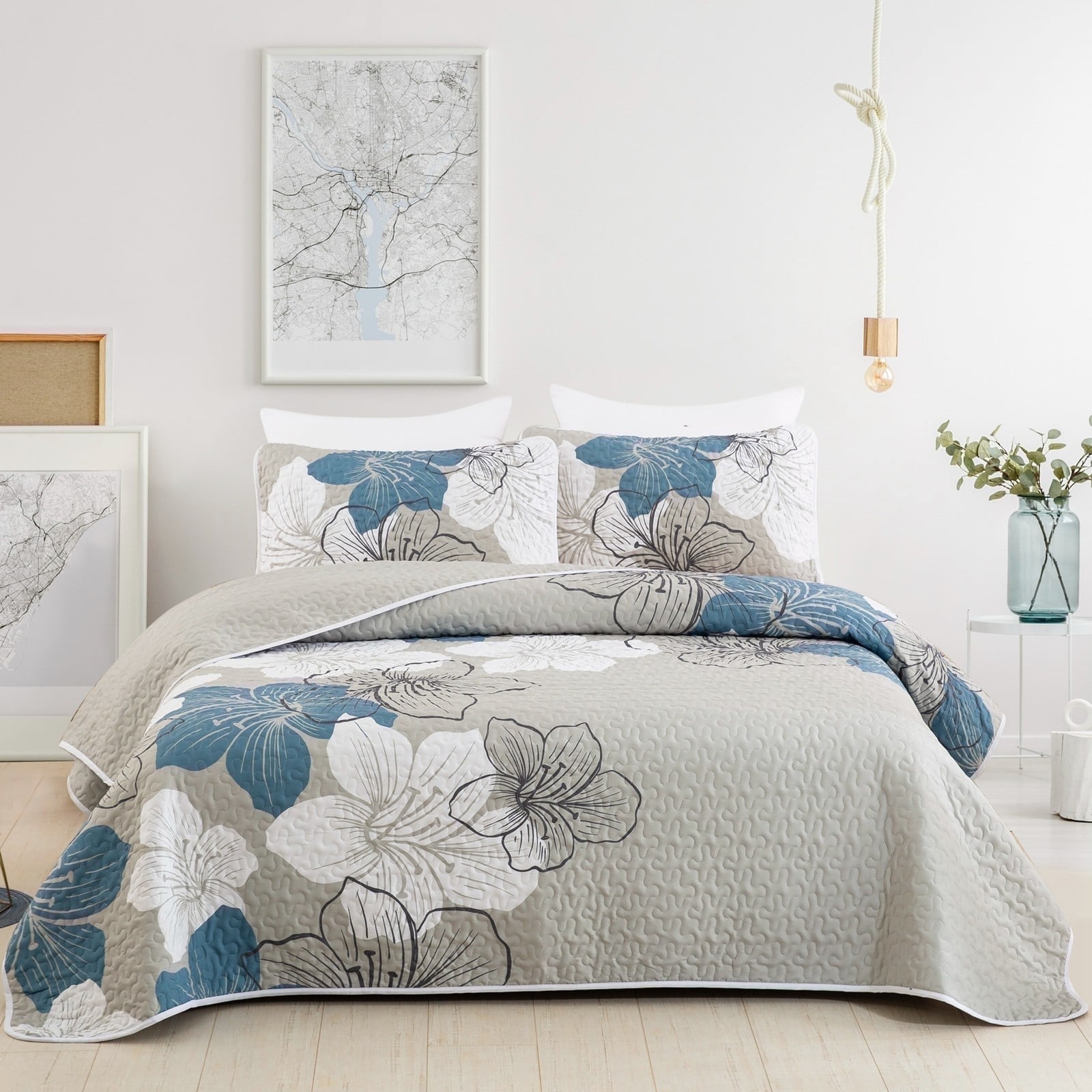 Dintszyayue Blue Floral Quilt Set Queen Size,3Pcs Bohemian Bedding Sets ...