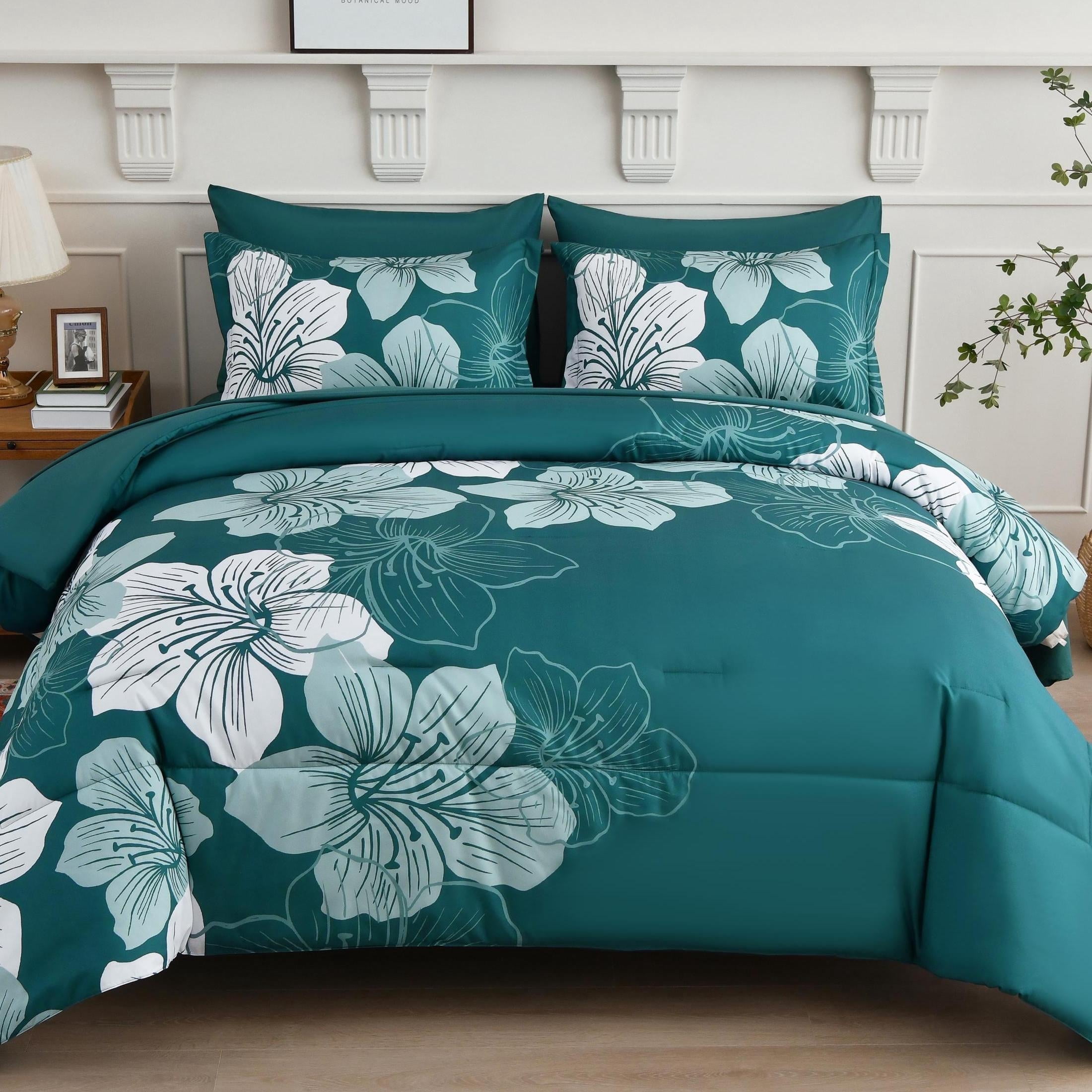Dintszyayue Boho Floral 7Pcs Comforter Set King,Teal Bed in a Bag Soft ...