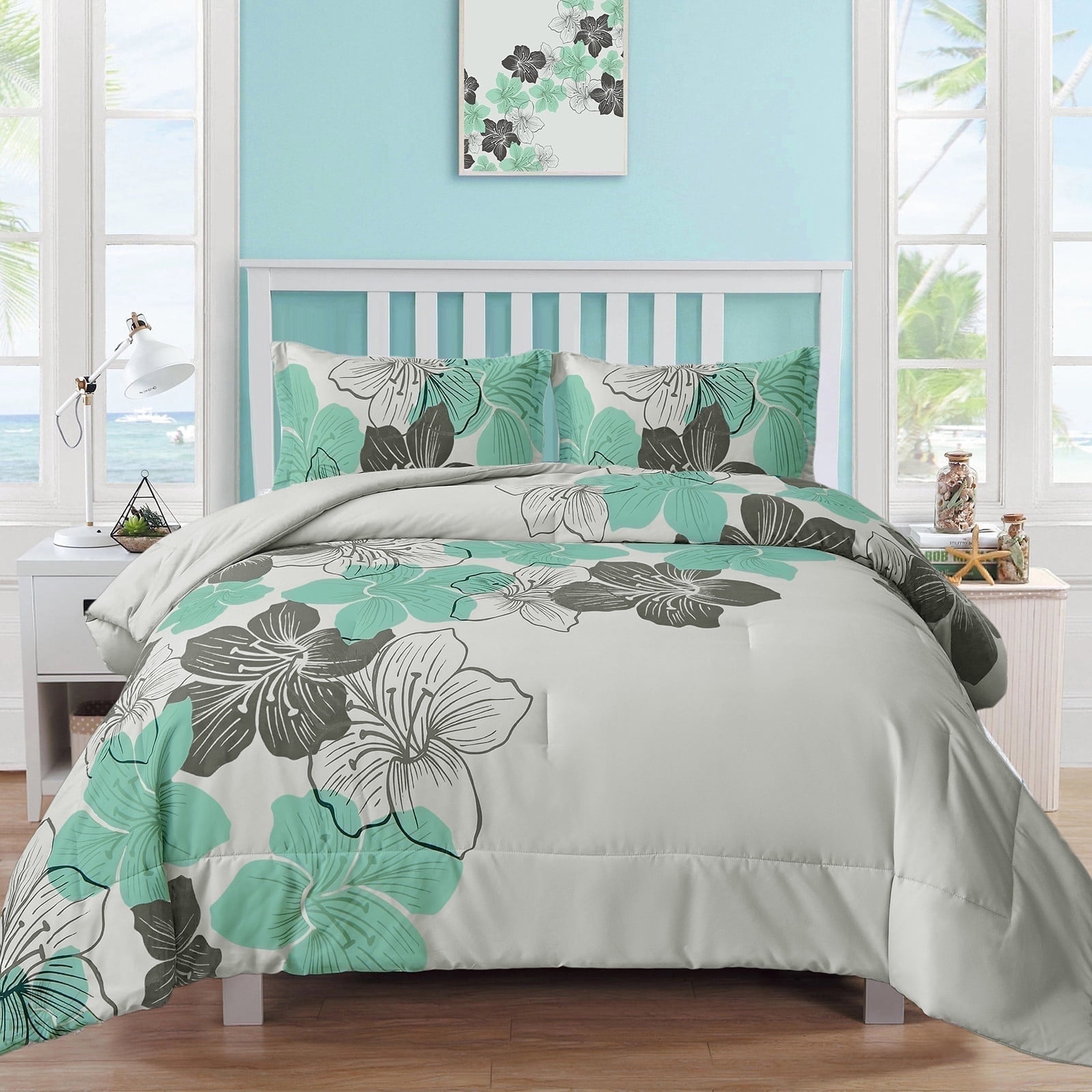 Dintszyayue Floral Boho Comforter Queen Size,3Pcs Green Flowers Bedding ...