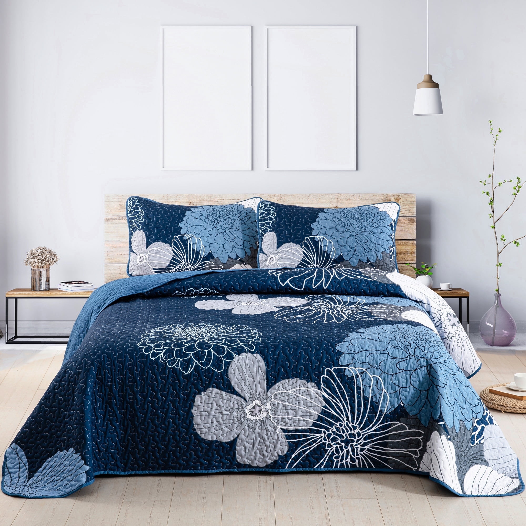 Dintszyayue, Floral Quilt Set, 90x96 Queen Size, Blue Bedding 3Pcs ...
