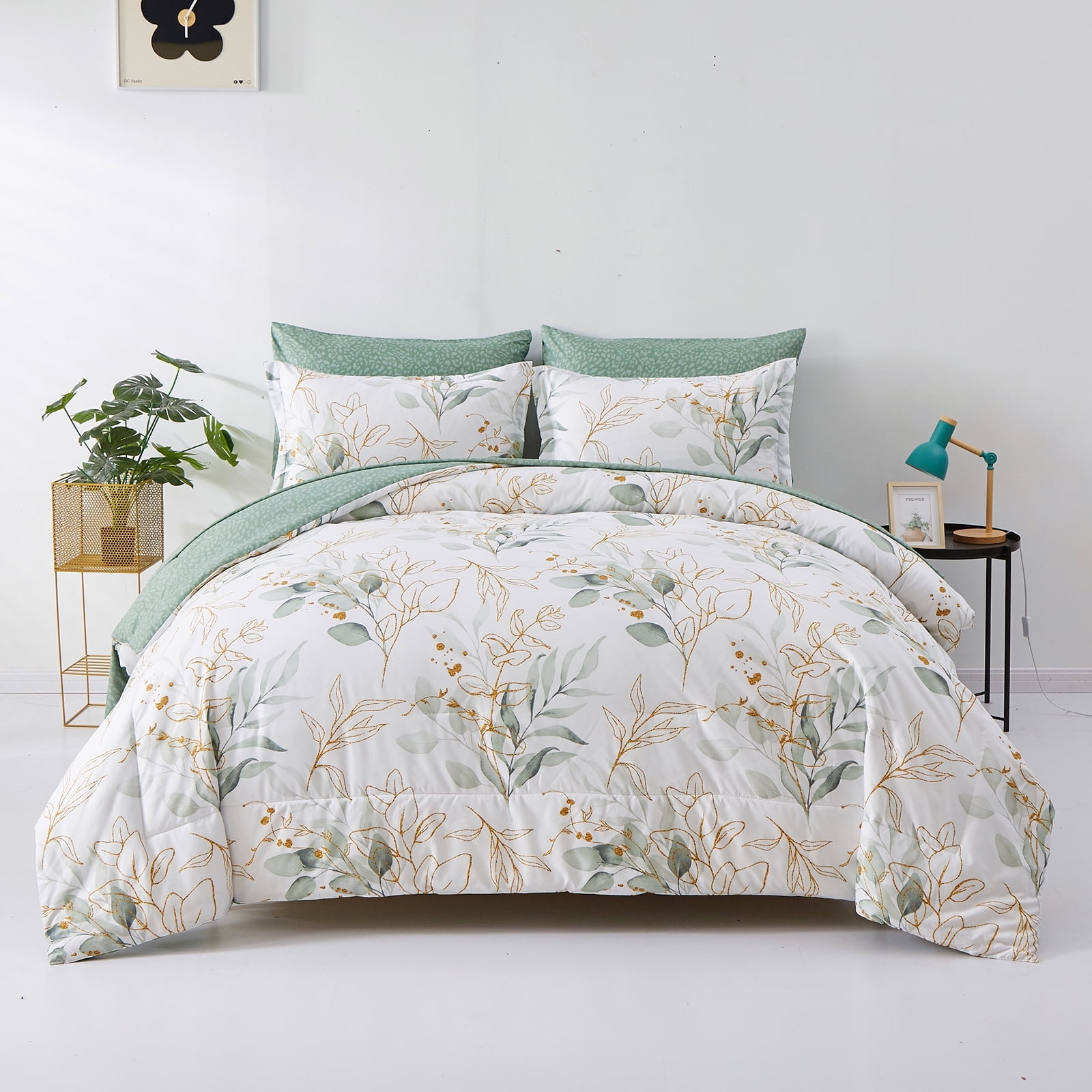 Dintszyayue Green Floral 7Pcs Comforter Set Queen,Botanical Bed in a ...