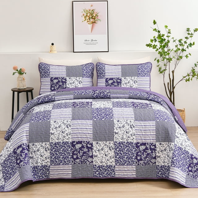 Dintszyayue Grid Patchwork Quilt Set Queen Size,3Pcs Bedding Set Soft ...