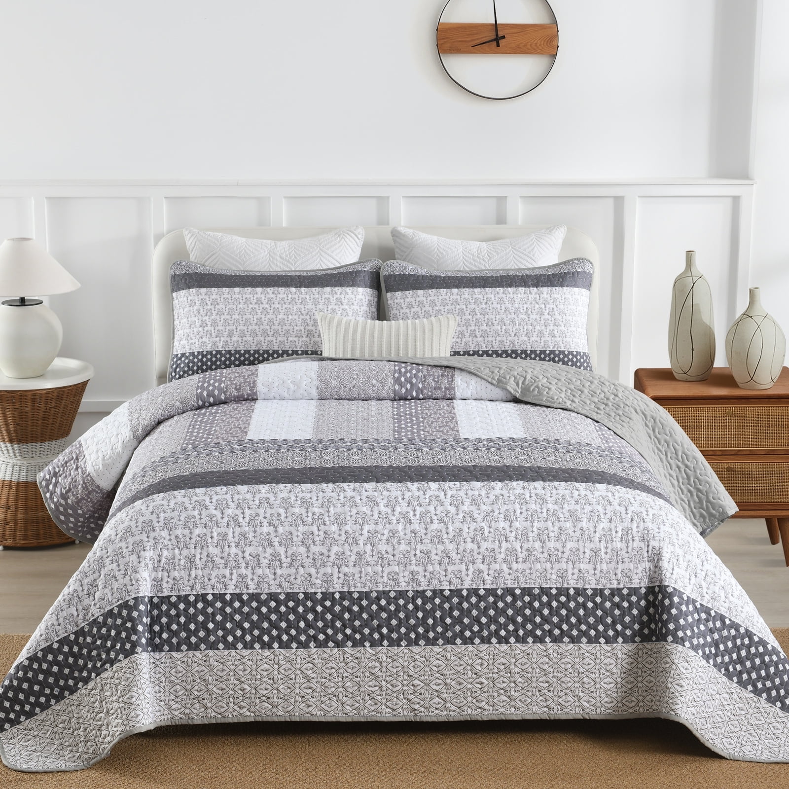 Dintszyayue Queen Size Quilt Set Stripe Splicing,3Pcs Boho Light Gray ...