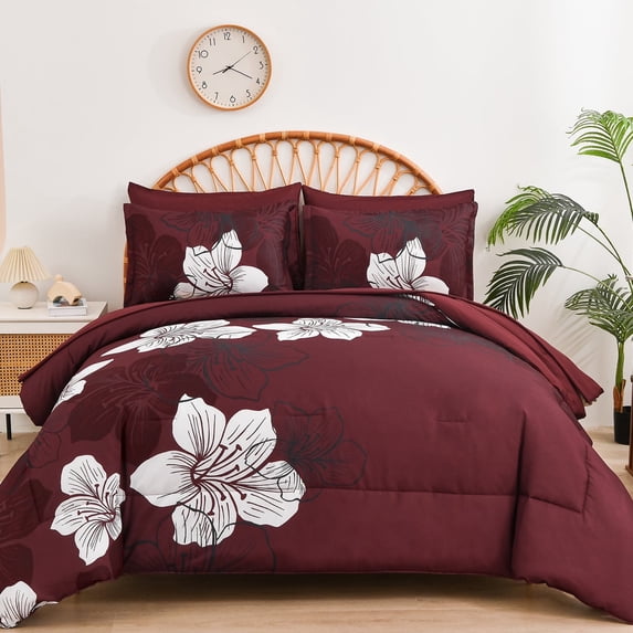 Dintszyayue Red Floral 7Pcs Comforter Set Queen Bed in a Bag Microfiber ...
