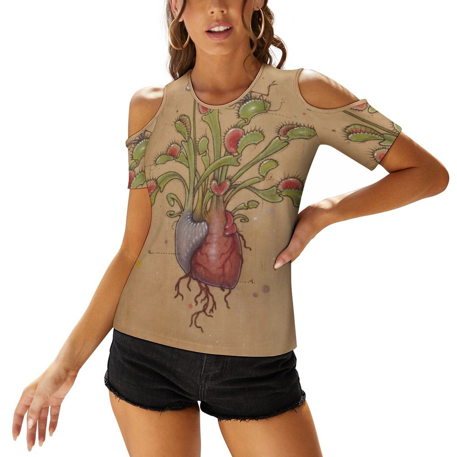 Dionaea Heart ( Venus Flytrap ) Sexy And Club Fashion Female T-Shirt Short Sleeve Off Shoulder ...