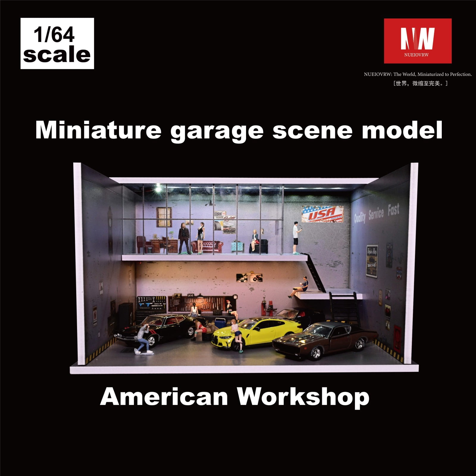 Diorama 1/64 2-Story Diecast Car Garage Model LED Lighting Car Repair ...
