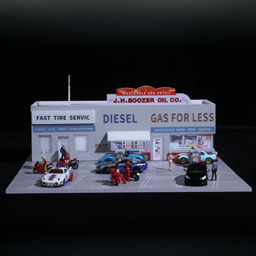Diorama 1/64 Scale Car Garage Model LED Lights American Gas Station ...