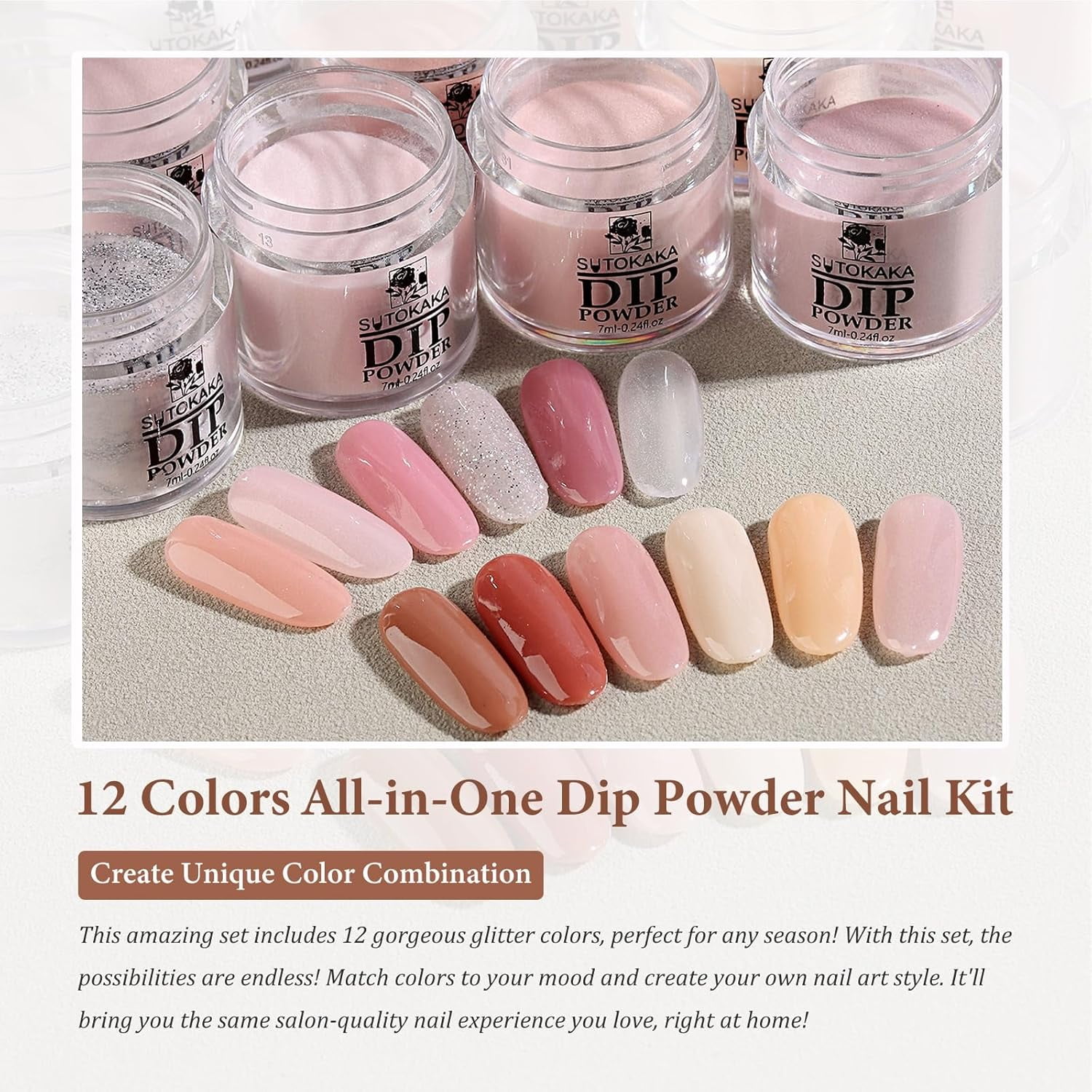 Dip Powder Nail Kit Starter, 12 Colors Clear Nude Pink Glitter Acrylic ...
