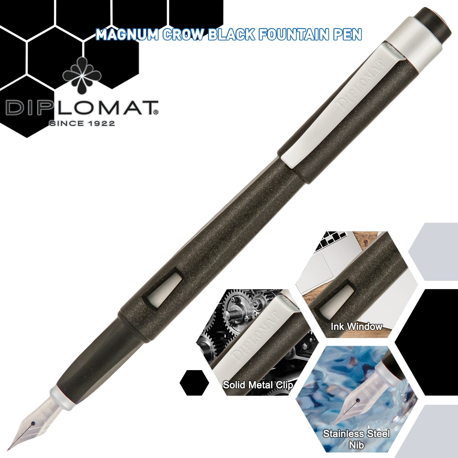 Diplomat Magnum Fountain Pen - Crow Black (Medium Nib) - Walmart.com