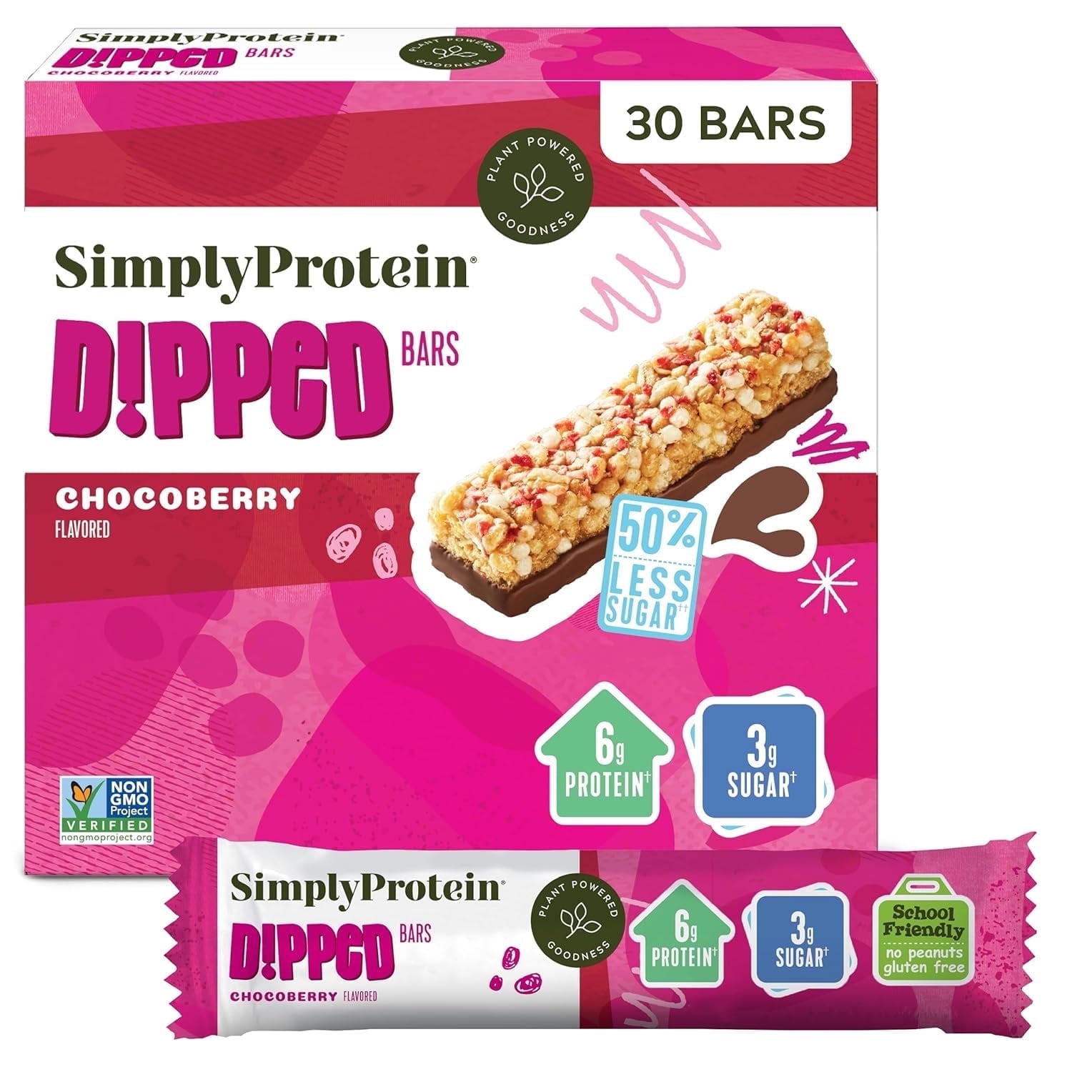 Simply Protein Plant-Based Dipped Protein Snack Bars, Chocoberry, 30 ...