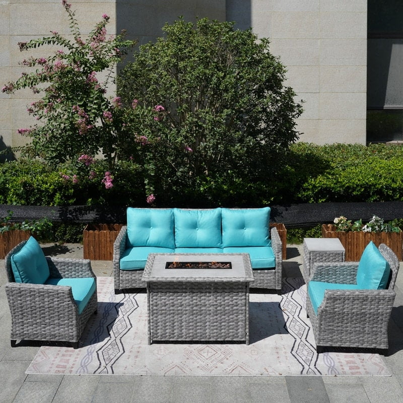 Direct Wicker 5-Piece Patio Wicker Sofa Set with Firepit Table and Rain ...
