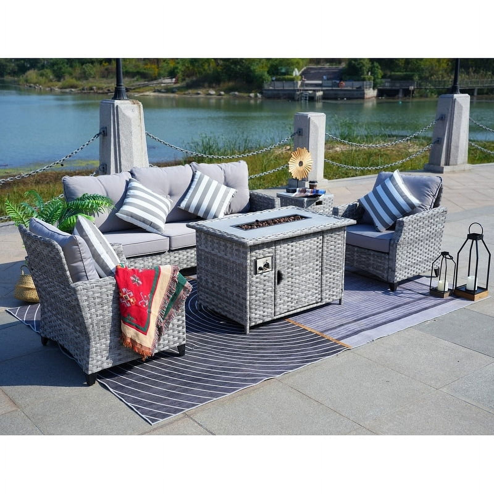 Direct Wicker 5-Piece Patio Wicker Sofa Set with Firepit Table and Rain ...
