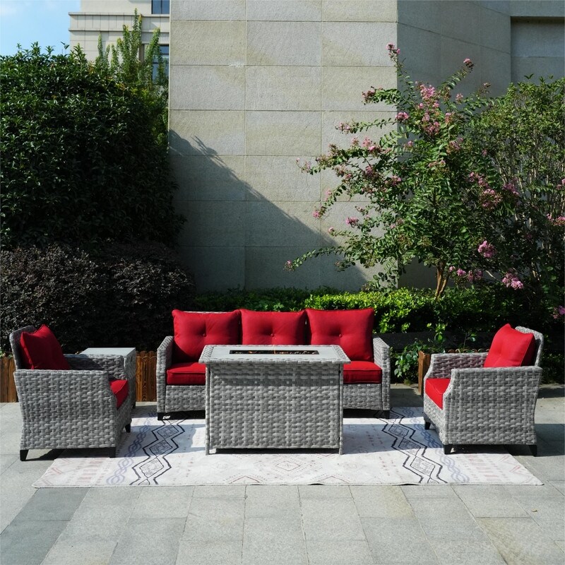 Direct Wicker 5-Piece Patio Wicker Sofa Set with Firepit Table and Rain ...