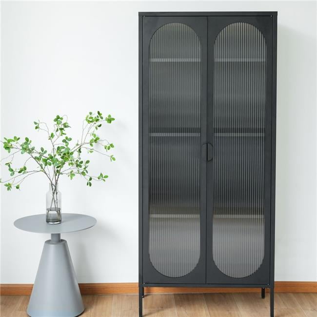Direct Wicker DW-DC08-BK-GD Modern Tall Glass Storage Cabinet with ...