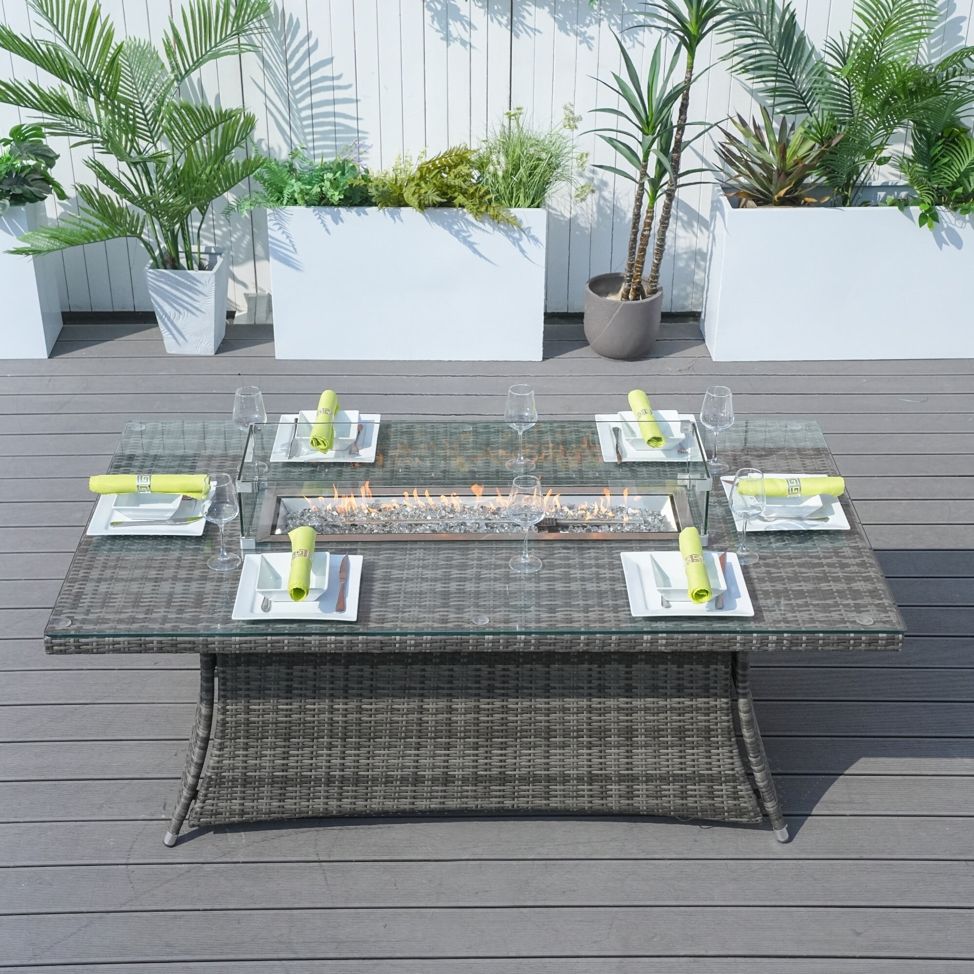 Direct Wicker Outdoor Rectangular Patio Fire Dining Table for 6 with ...