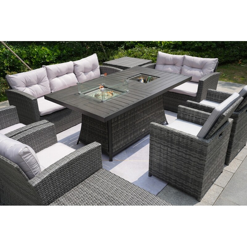 Direct Wicker Patio Sofa Set With Gas Firepit and Ice Container Dining ...