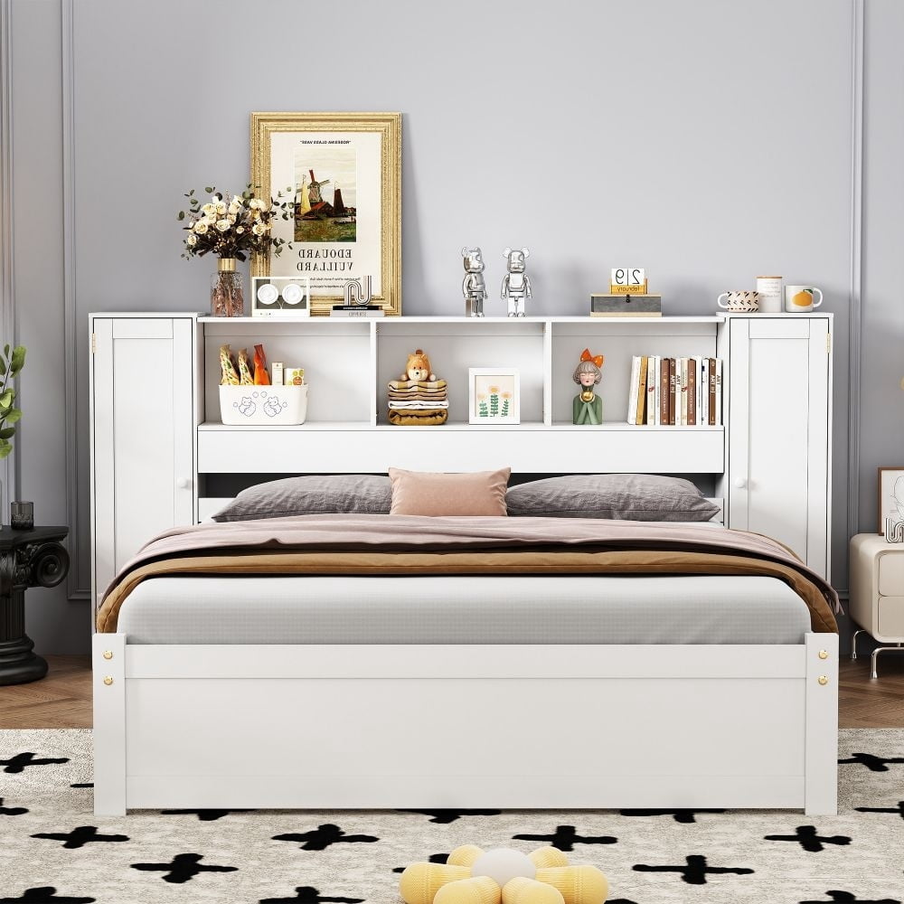 Direct Wicker Platform Bed with Storage Headboard and Lockers White ...
