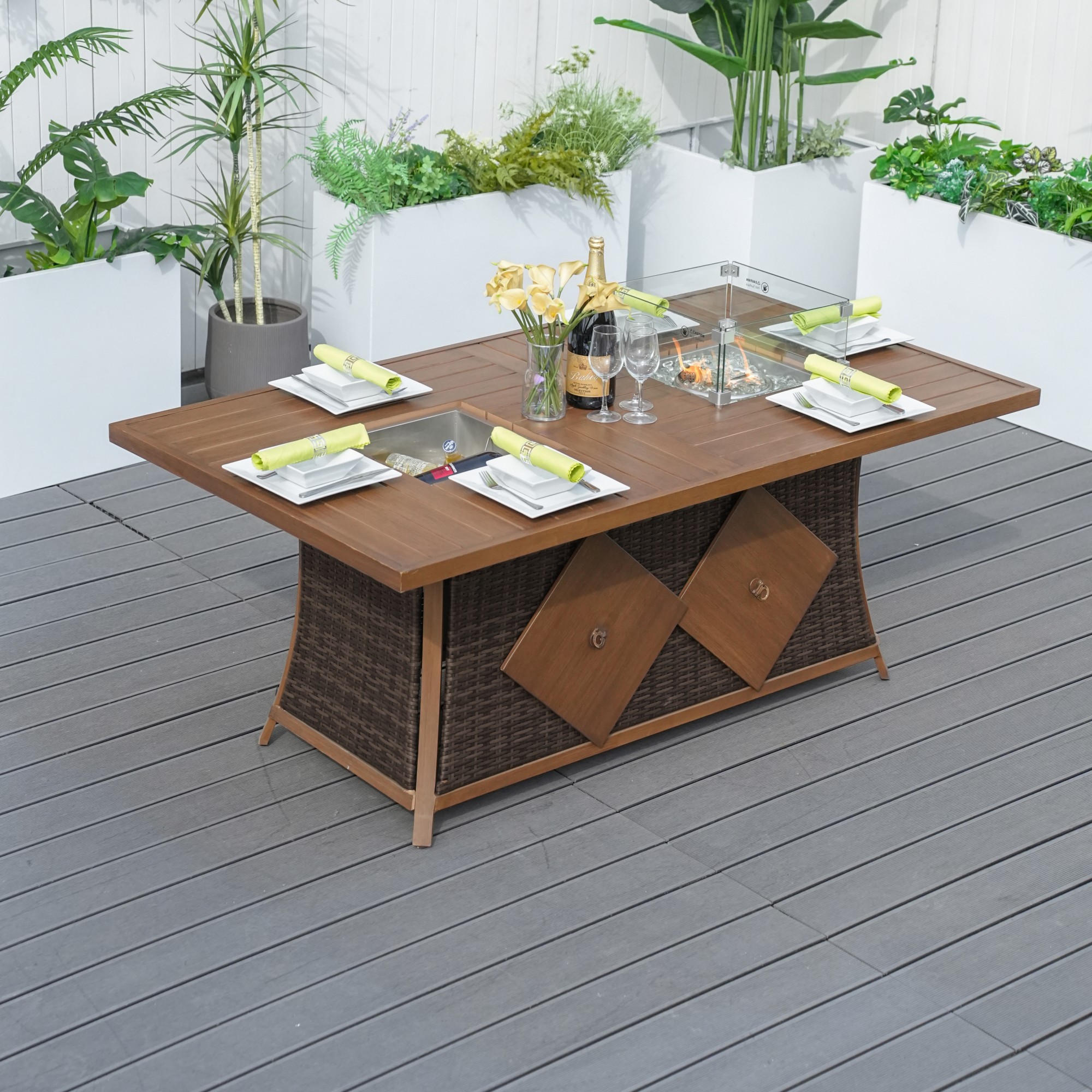 Direct Wicker Rectangular Wicker Patio Outdoor Fire Pit Table with Ice ...