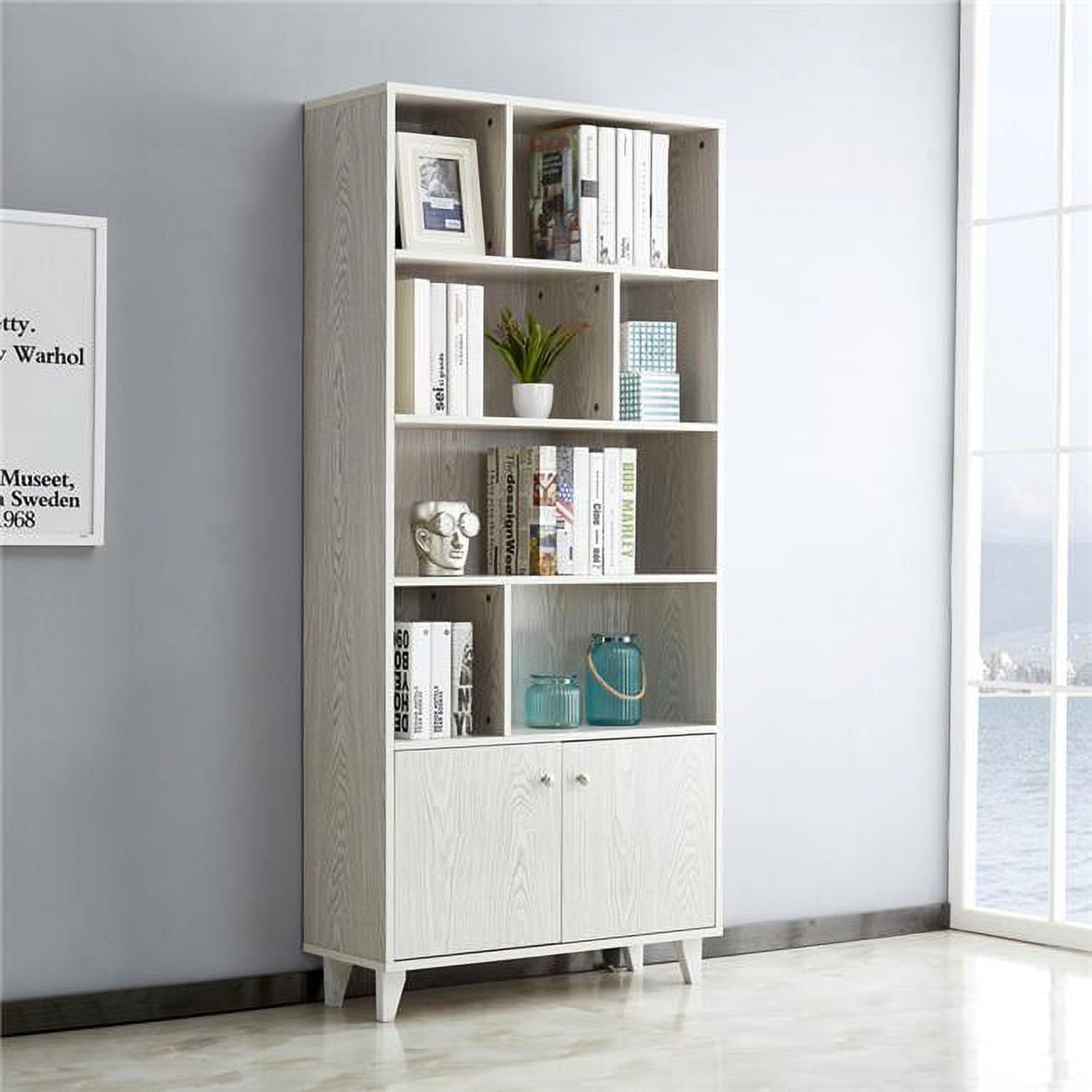 Direct Wicker White 68' Bookcase with 2 Doors, Bookshelf for Living ...