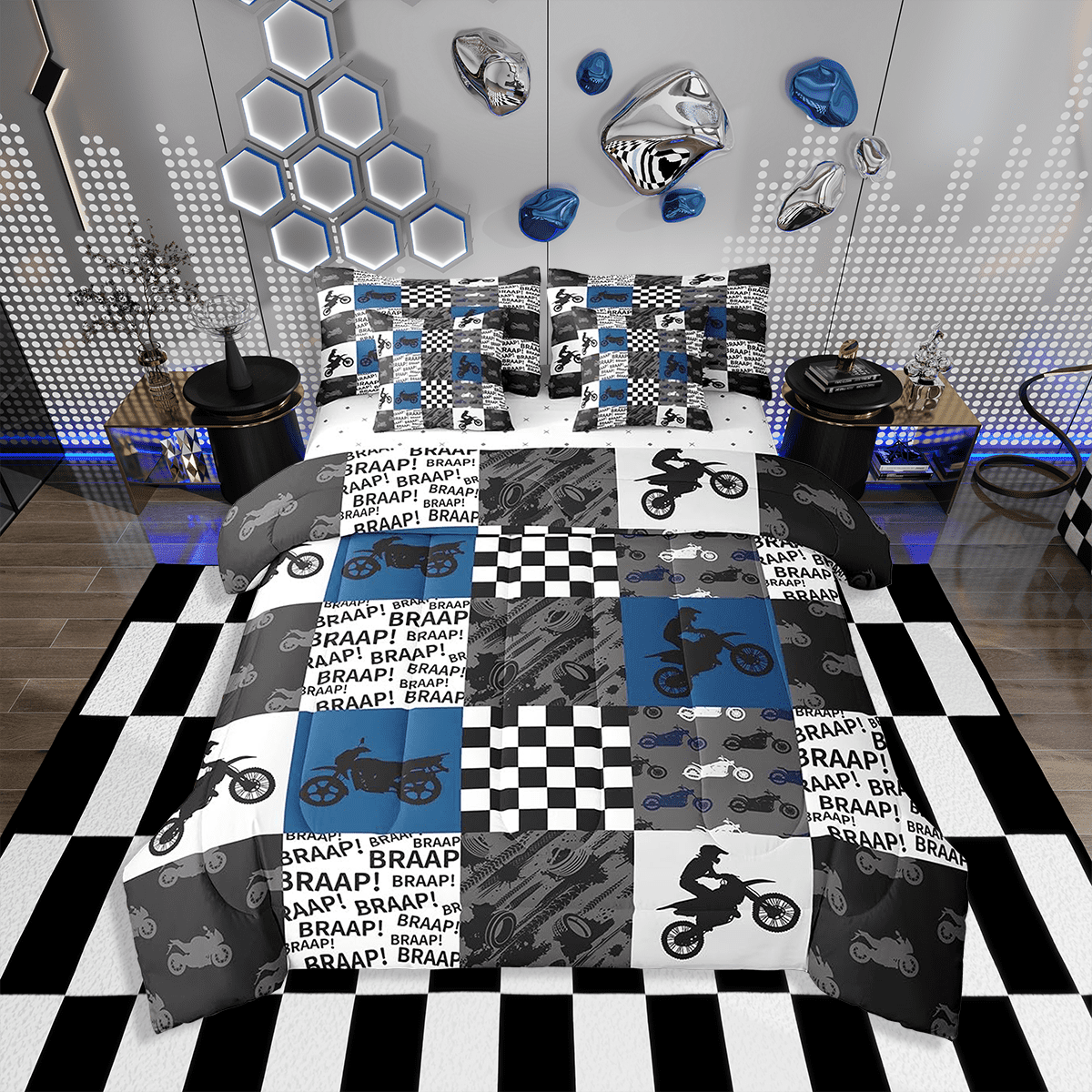 Dirt Bike 7Pcs Comforter Set Queen Black Grey Blue Motocross Rider ...