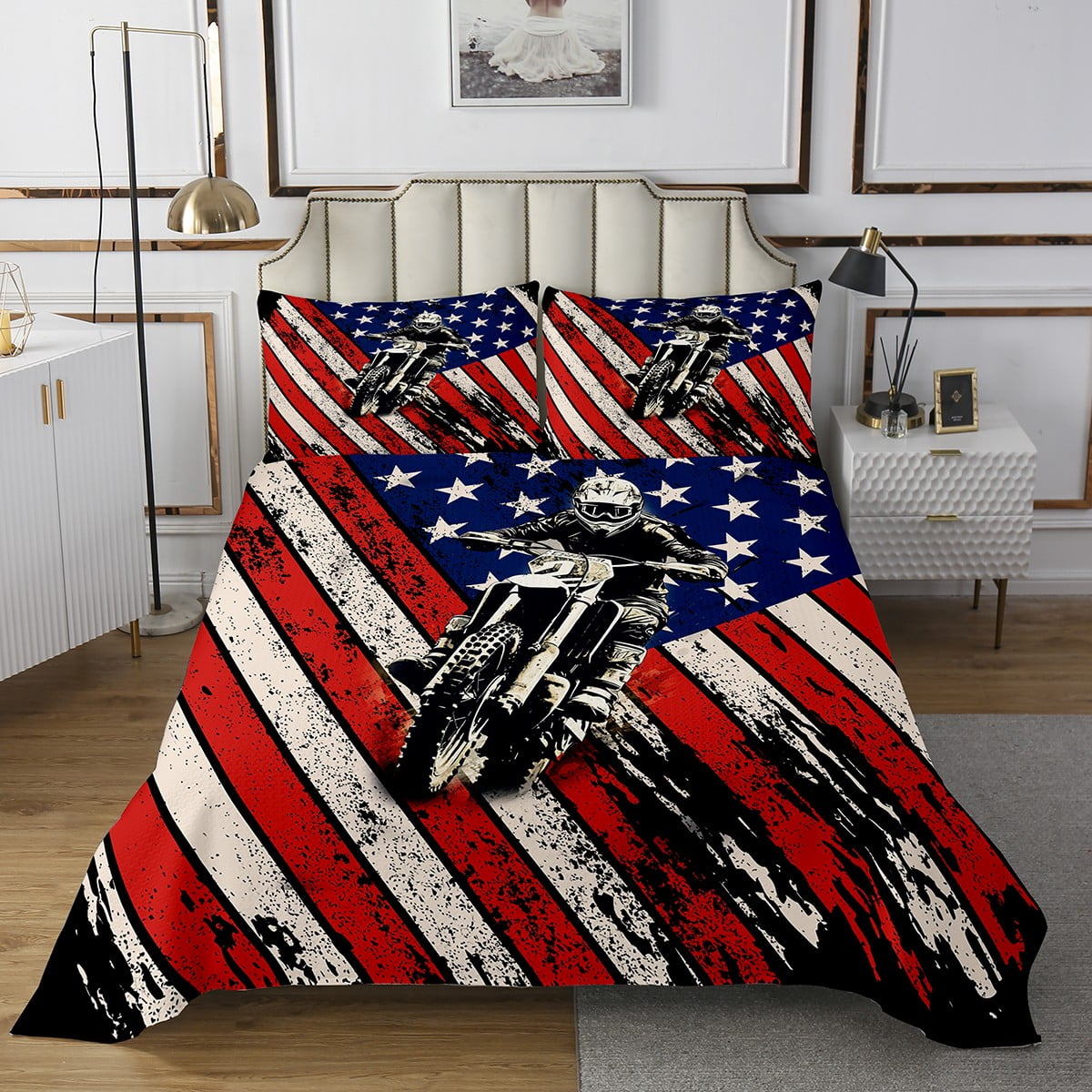 Dirt Bike Bedspread Set American Flag Coverlet Set, Boys Motocross ...
