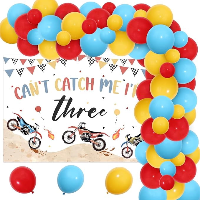Dirt Bike Birthday Decorations, Can't Catch Me I'm Three Backdrop ...