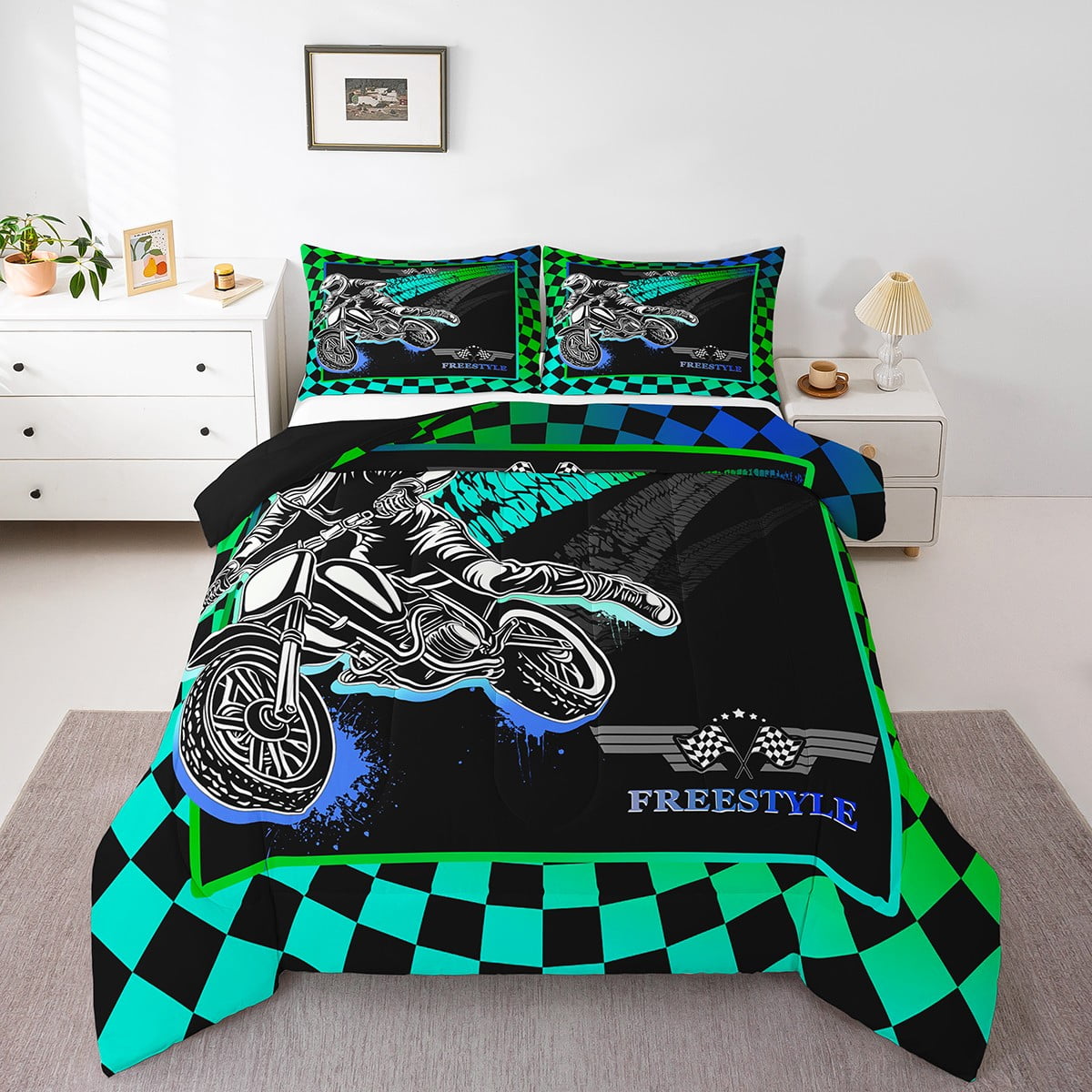 Dirt Bike Boys Bedding Set Queen Motocross Rider Comforter Set For Kids ...