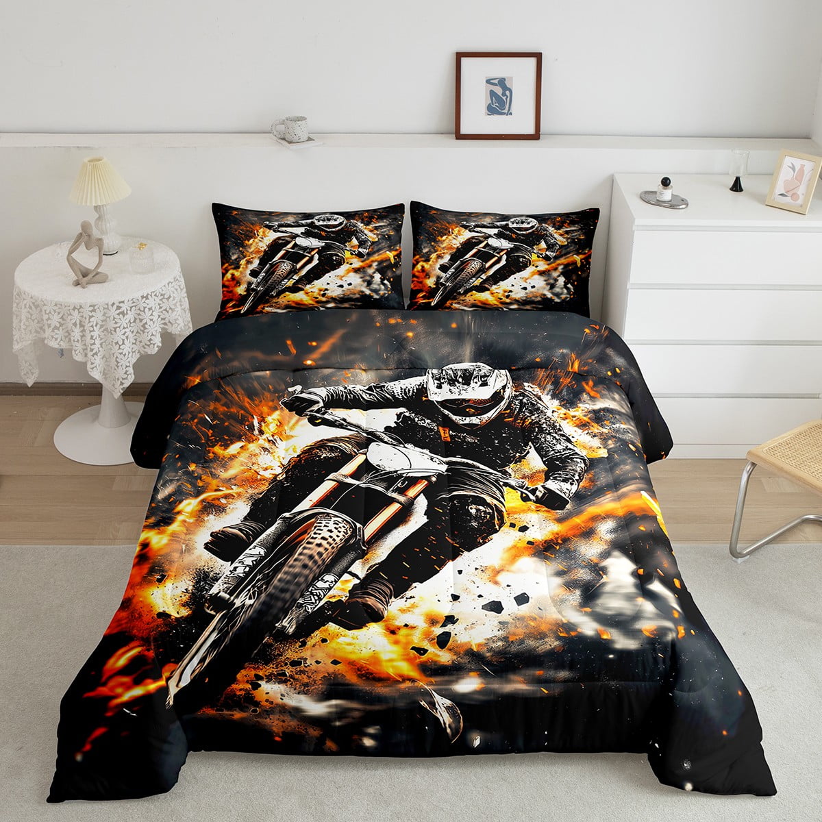 Dirt Bike Comforter Queen,Racing Motocross Rider Bedding Set for Teens ...
