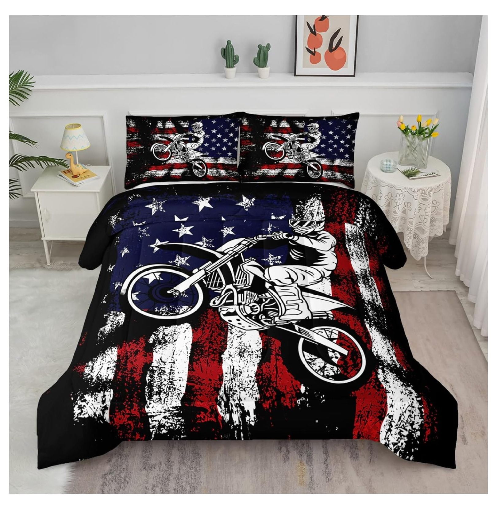 Dirt Bike Comforter Set ,American Flag Bedding Set,Motocross Comforter ...
