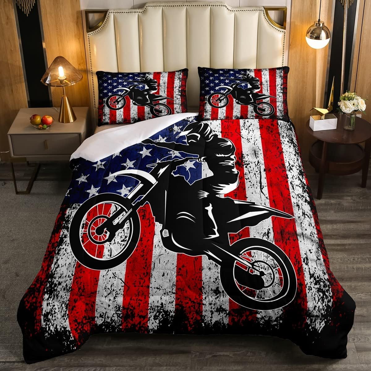 Dirt Bike Comforter Set Twin Motocross Comforter Retro American Flag ...