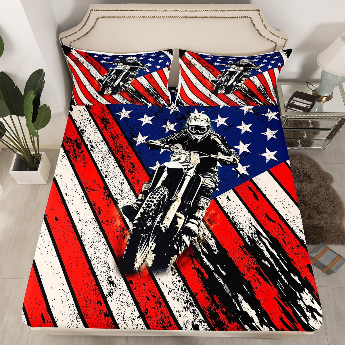 Dirt Bike Fitted Sheet American Flag Bedding Set, Boys Motocross Rider ...