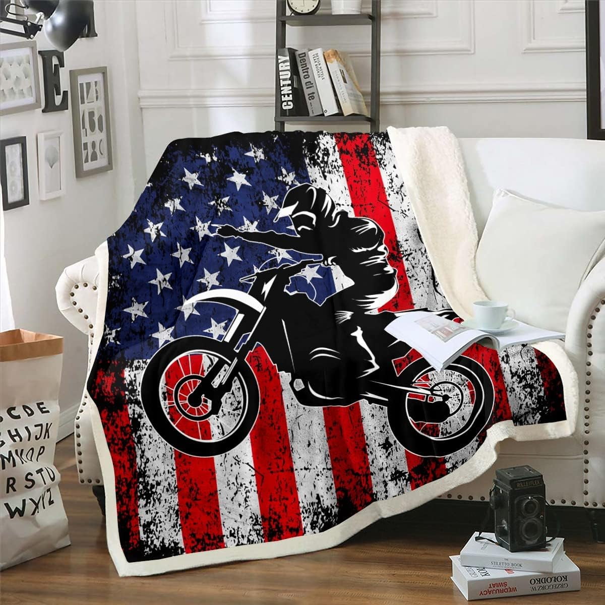 Dirt Bike Fleece Throw Blanket 40"X50" Retro American Flag Throw ...