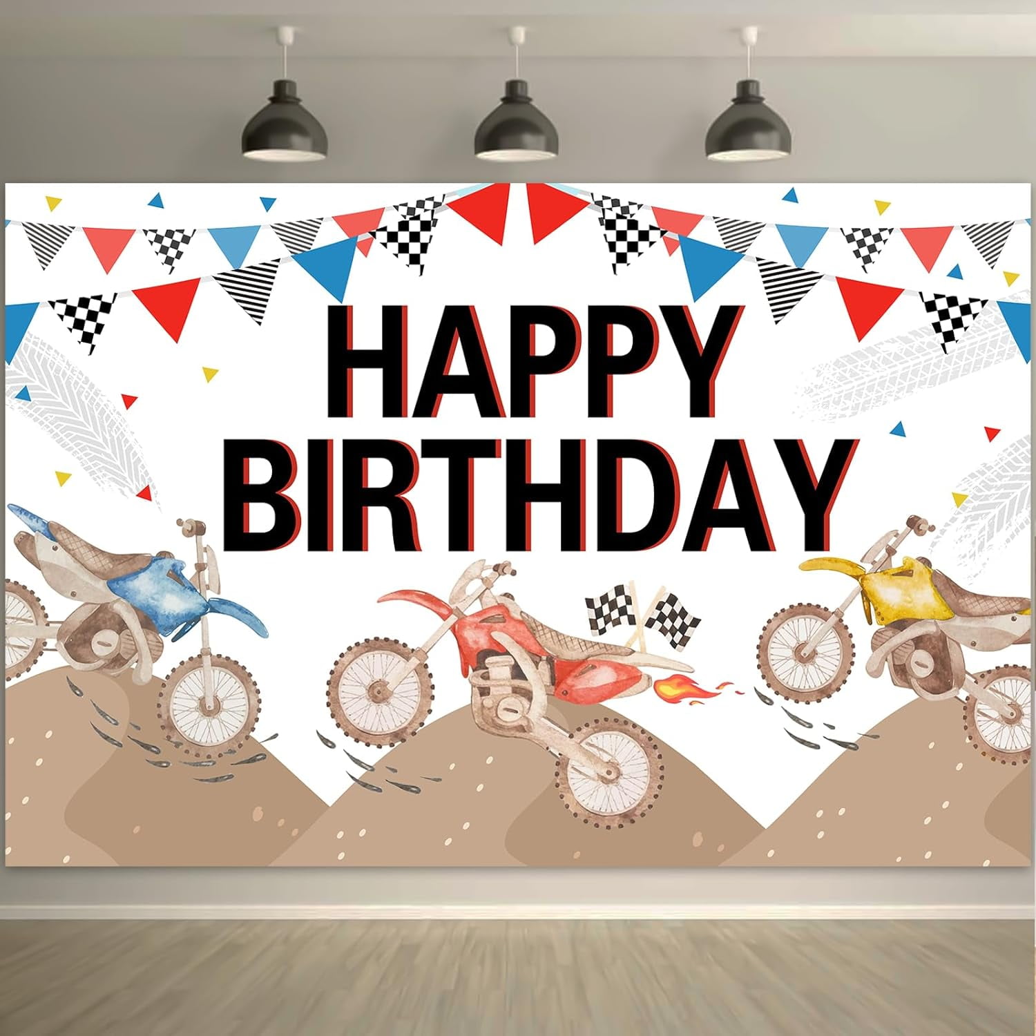 Dirt Bike Happy Birthday Backdrop, Watercolor Motocross Motorcycle ...
