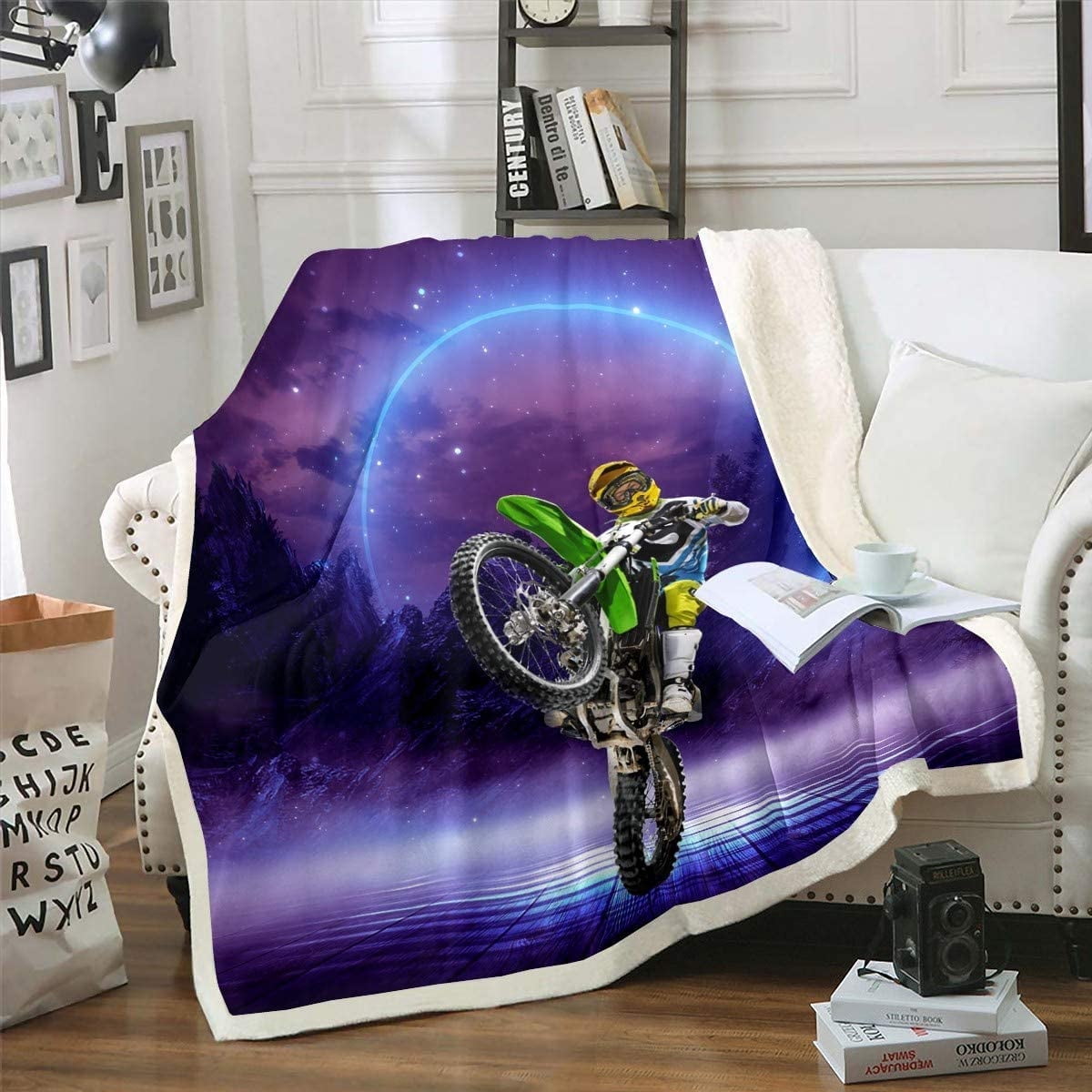Dirt Bike Plush Blanket Motocross Rider Fleece Throw Blanket Starry Sky ...