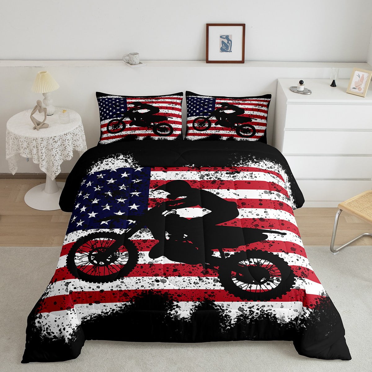 Dirt Bike Queen Bedding Set,Motorcycle Rider Comforter Set Reversible ...