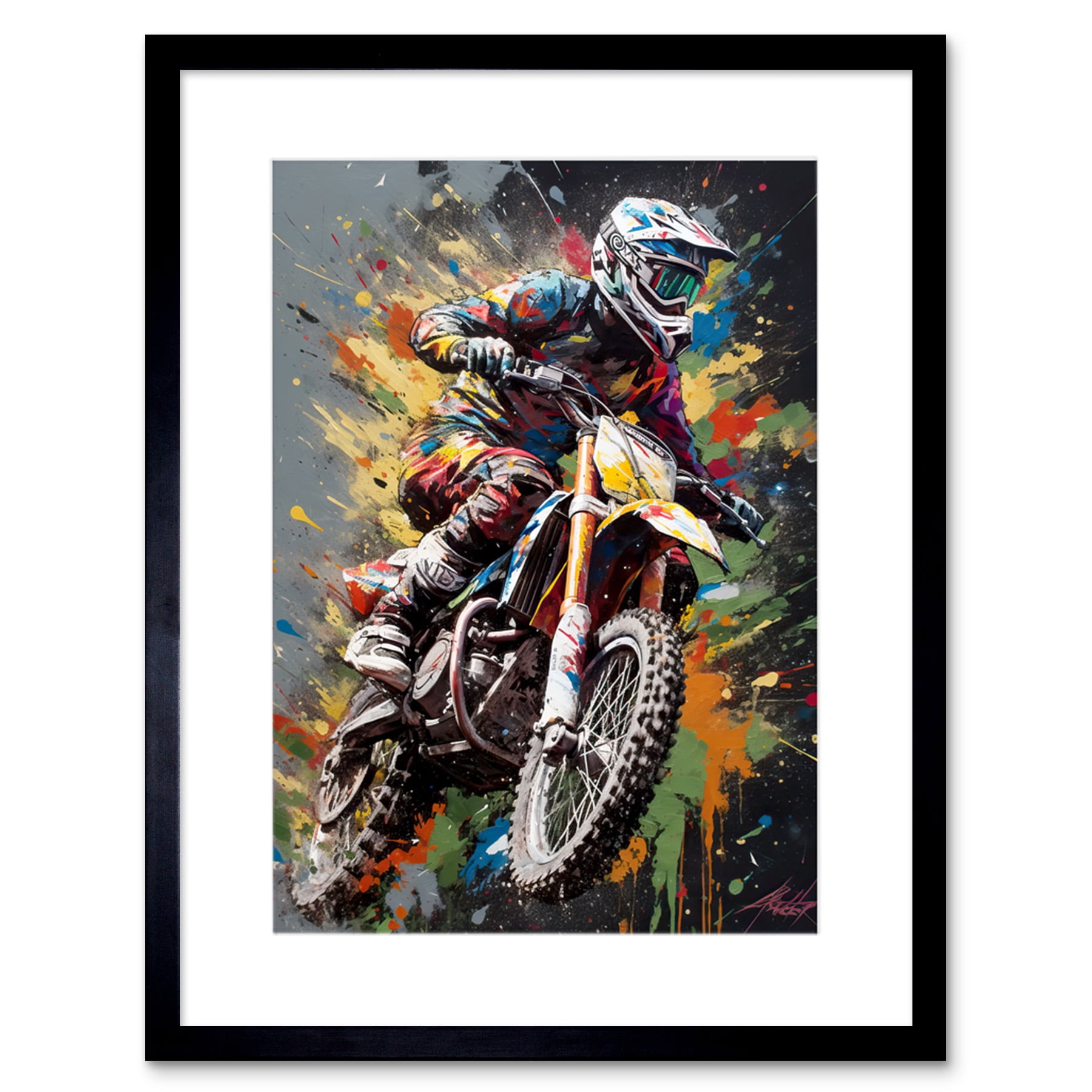 Dirt Bike Sport Splatter Paint Motocross Rider Artwork Framed Wall Art ...